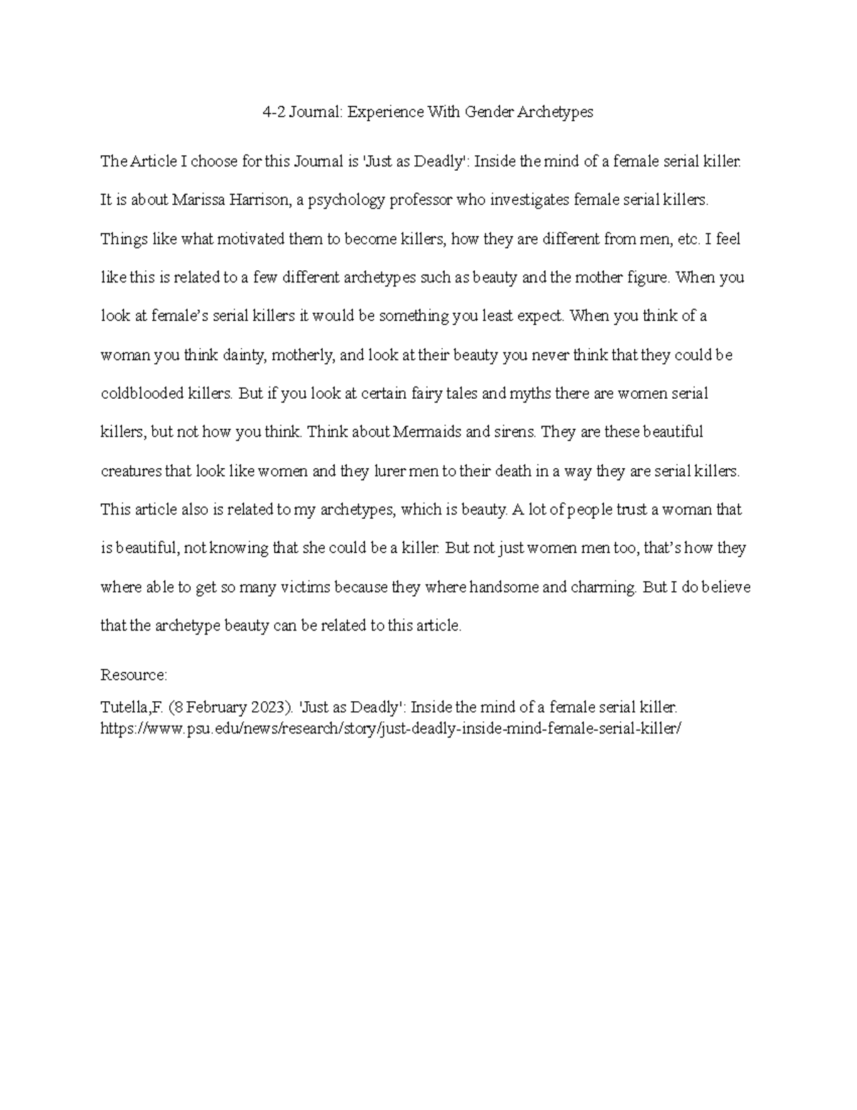 4-2 Journal Experience With Gender Archetypes - It is about Marissa ...