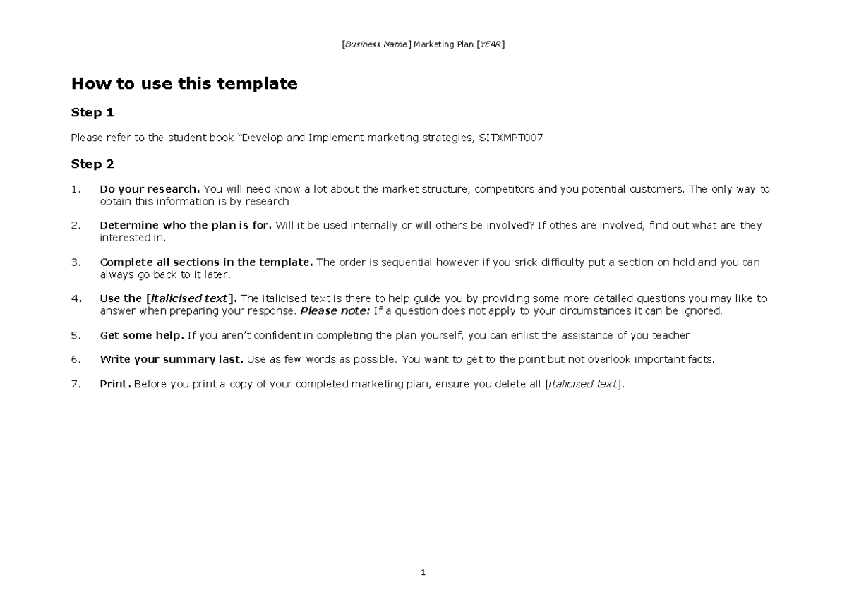 Marketing plan template and guide - How to use this template Step 1 ...