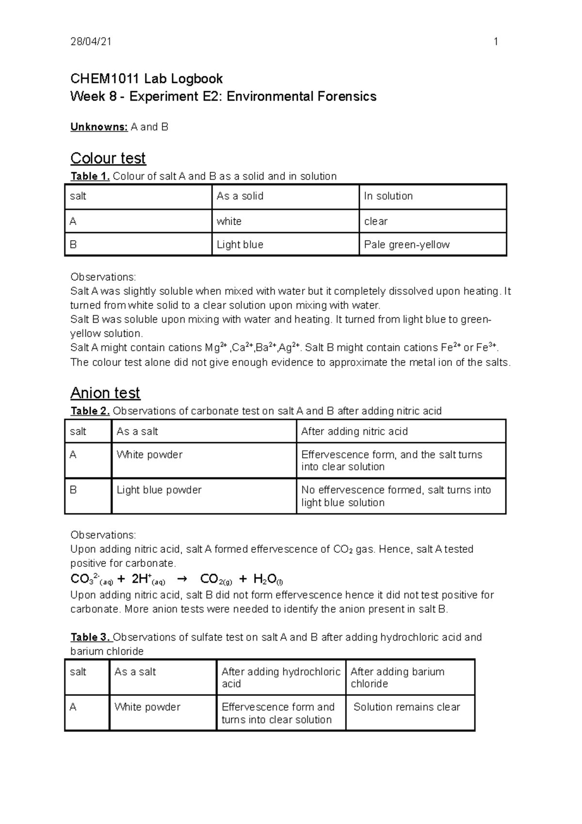 Environmental forensics logbook - CHEM1011 Lab Logbook Week 8 ...