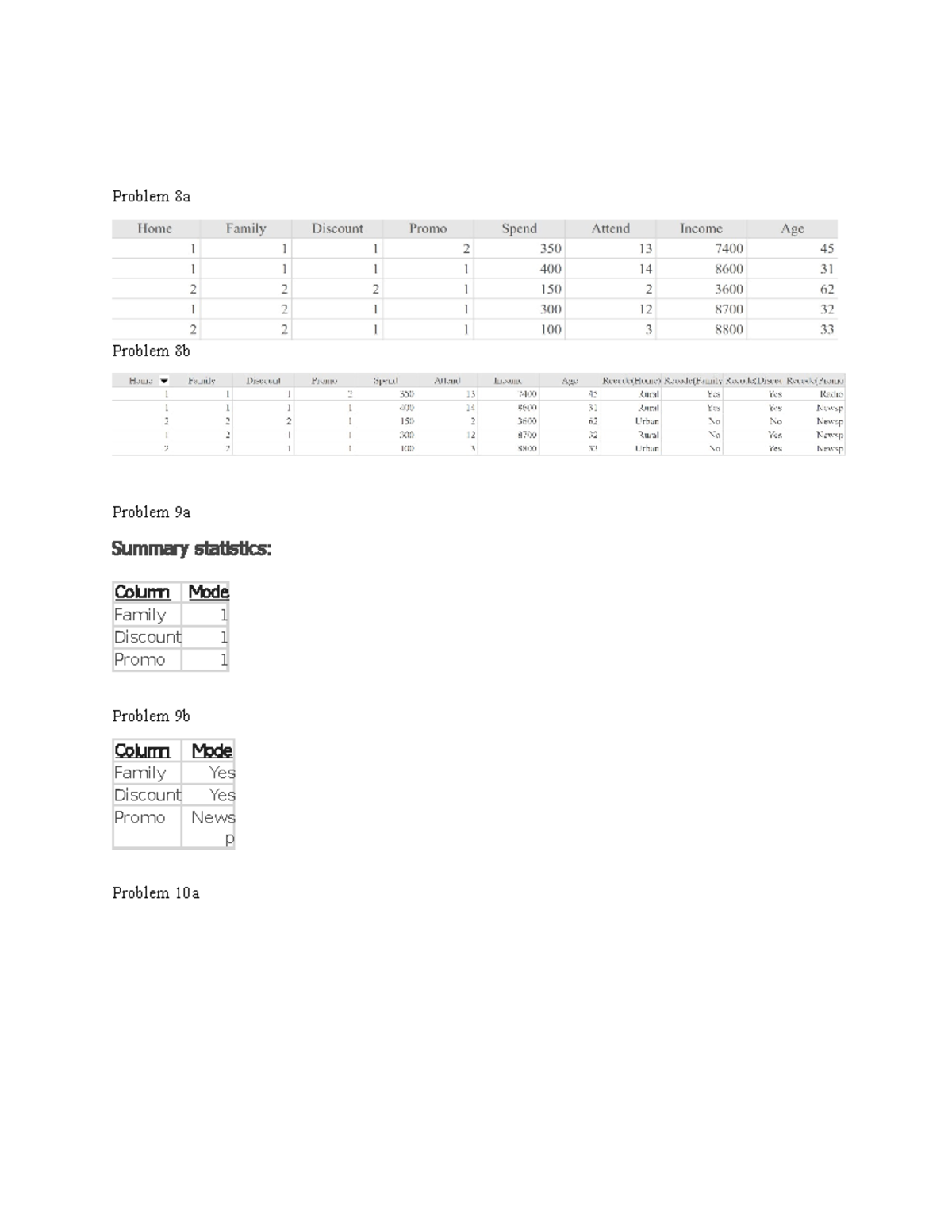 Assignment 1B - Problem 8a Problem 8b Problem 9a Summary statistics ...