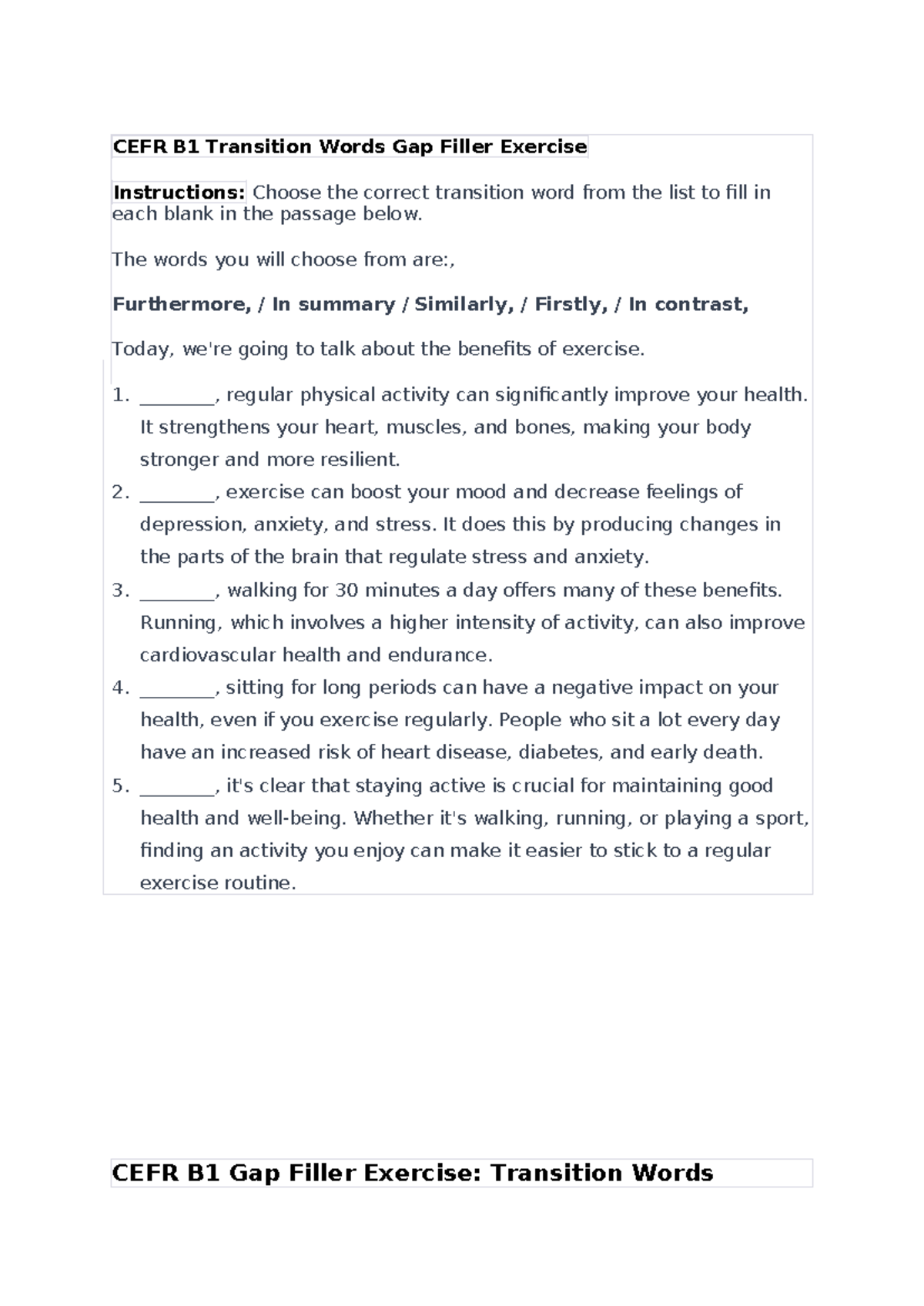 Transitions+Gap+Fill+1 2 - CEFR B1 Transition Words Gap Filler Exercise ...