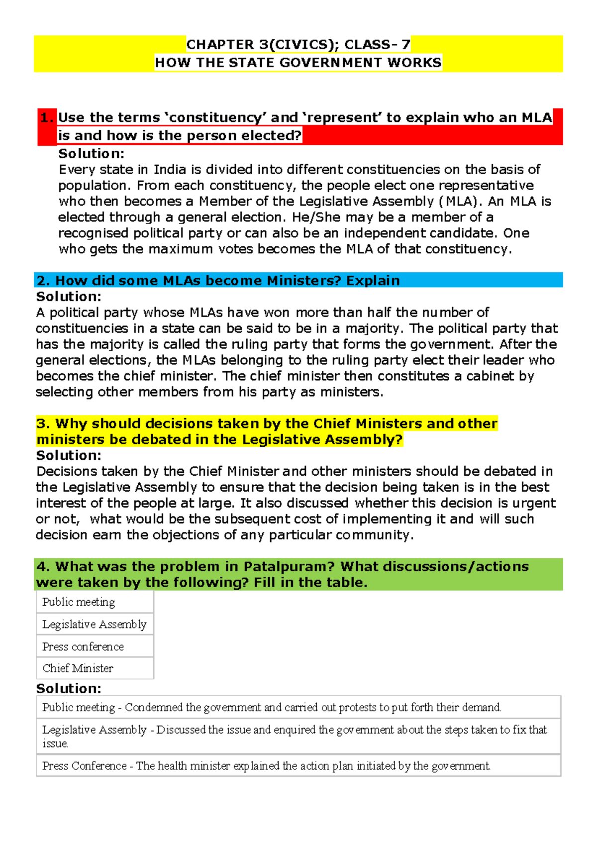 Chapter 3 Civics; Class 7 - CHAPTER 3(CIVICS); CLASS- 7 HOW THE STATE GOVERNMENT WORKS 1. Use ...