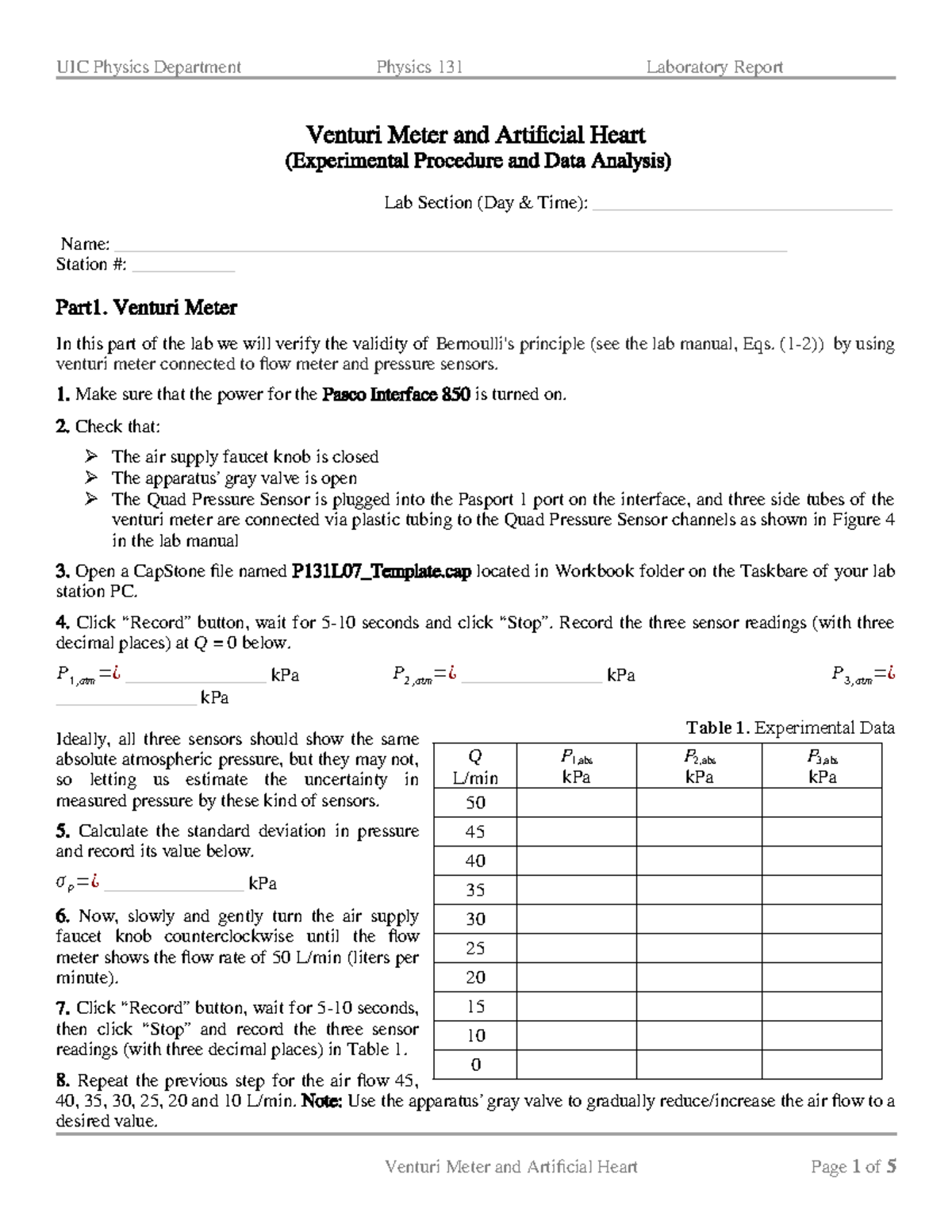 P131L07 Lab Report Template v20221112 - Venturi Meter and Artificial ...