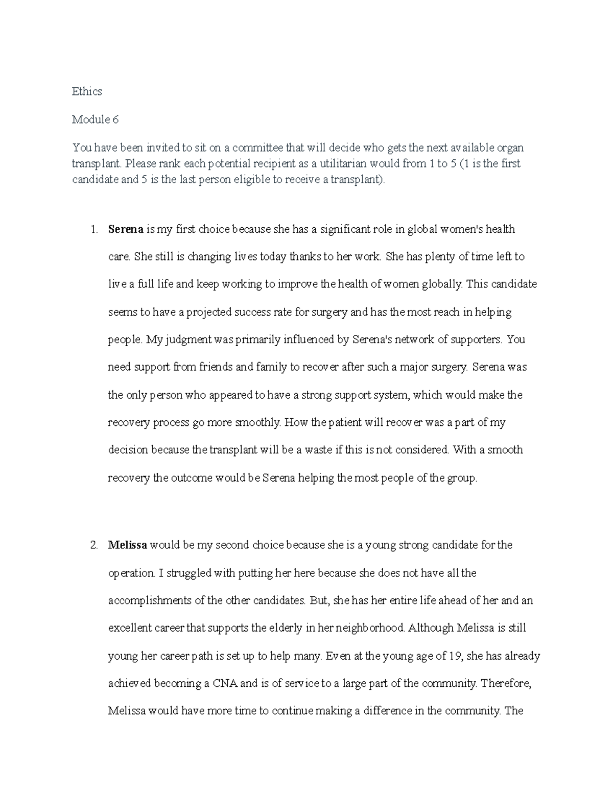 Ethics Module 6 Learning Activity - Ethics Module 6 You have been ...