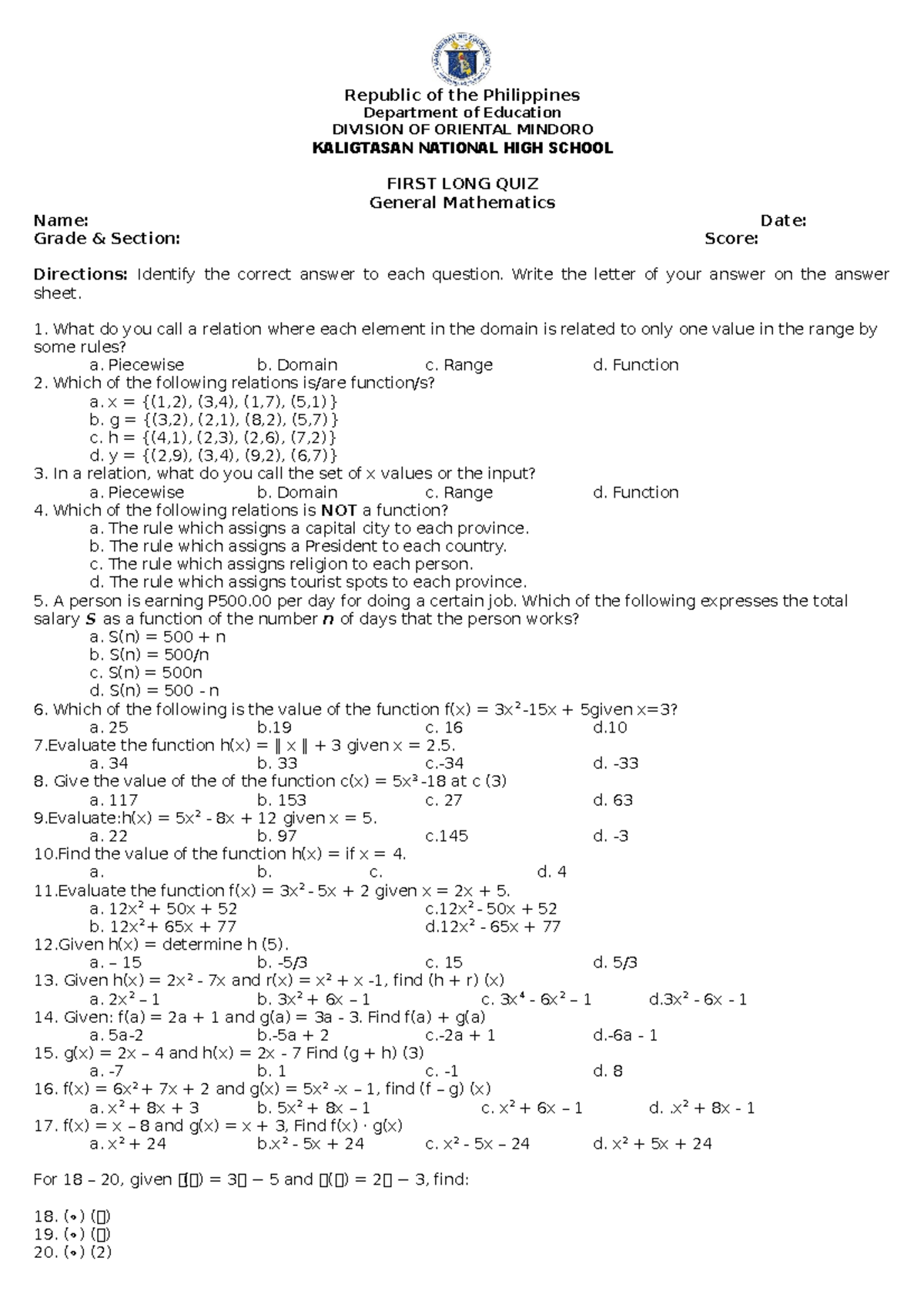 1st long quiz Math - 1st long quiz - Republic of the Philippines ...