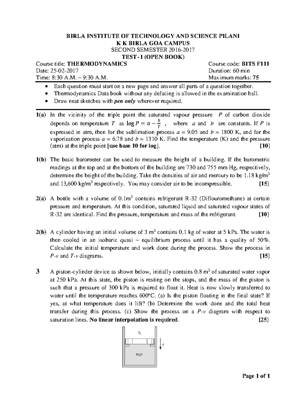 2017 Thermo TEST1 - Page 1 of 1 BIRLA INSTITUTE OF TECHNOLOGY AND ...