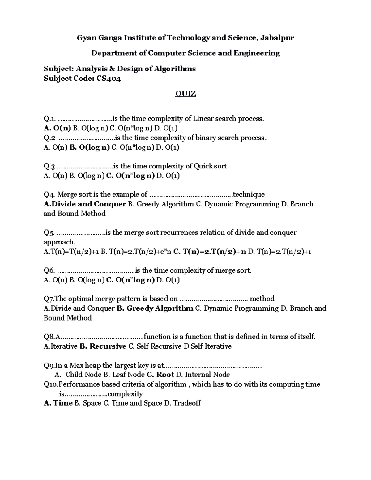 ADA QUIZ 20 Questions and Answer - Gyan Ganga Institute of Technology ...