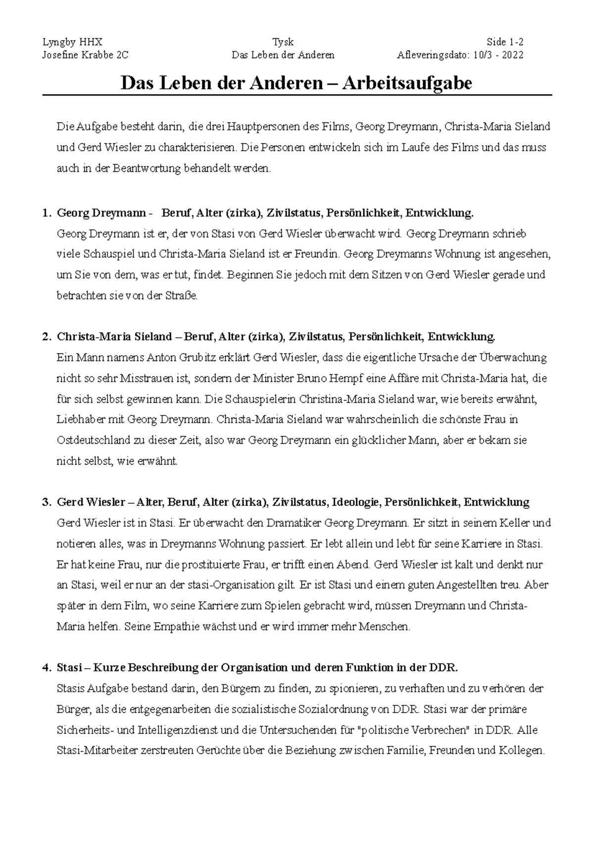 Das Leben der Anderen - Arbeitsaufgabe - Lyngby HHX Tysk Side 1 ...