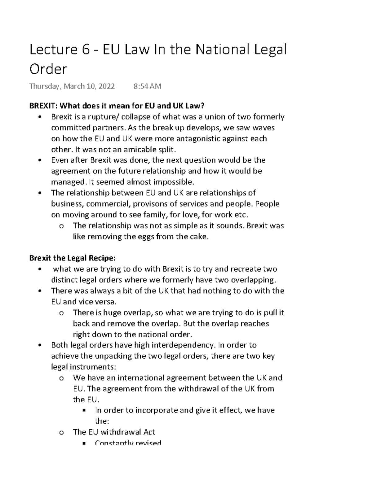 Lecture 6 - EU Law In the National Legal Order - BREXIT: What does it ...