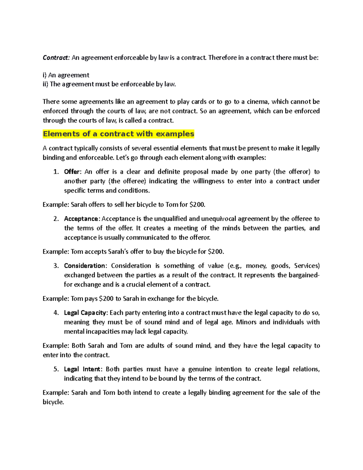 Note CBL - Contract: An agreement enforceable by law is a contract ...