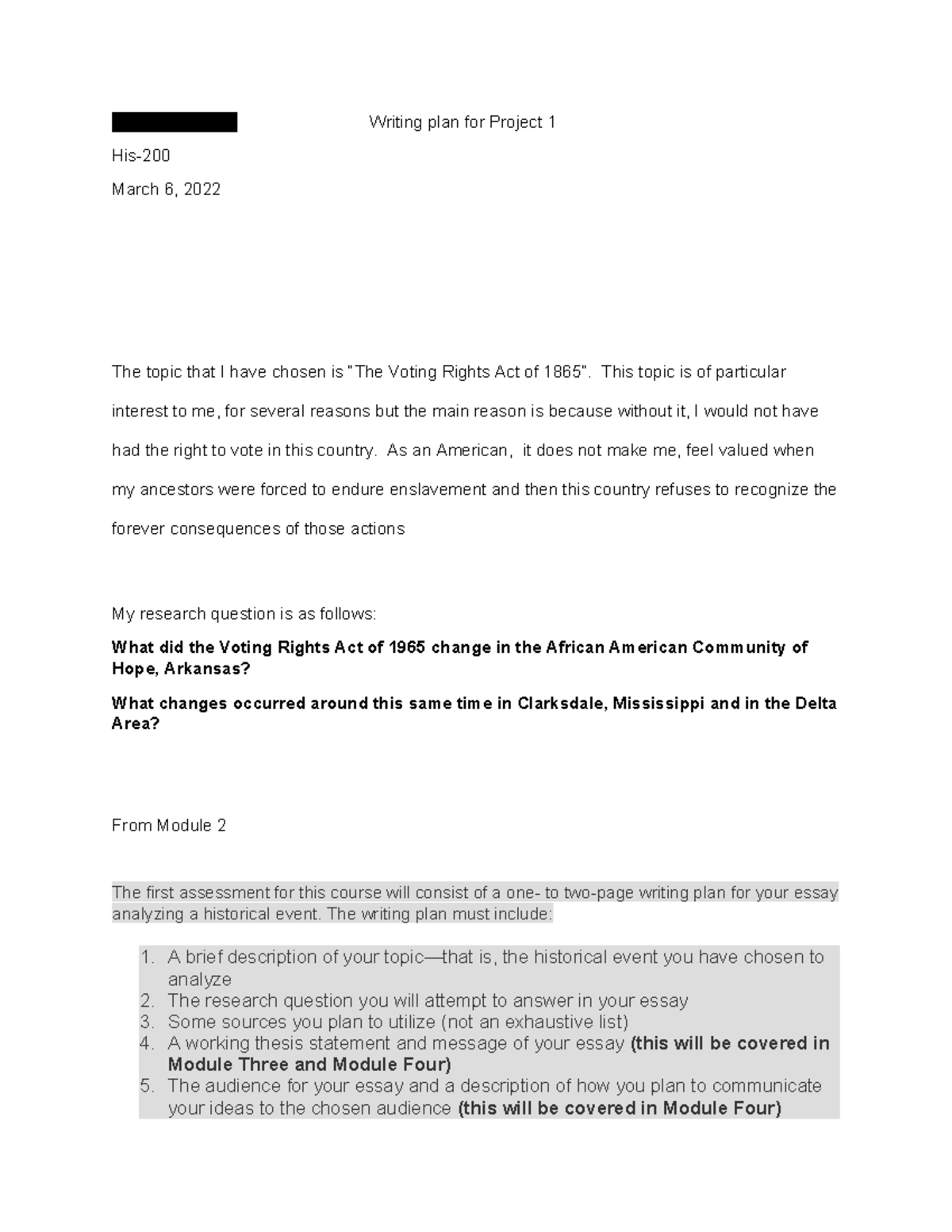 His-200 Writing Plan Module 1 - Gordon, Sherice Writing plan for ...