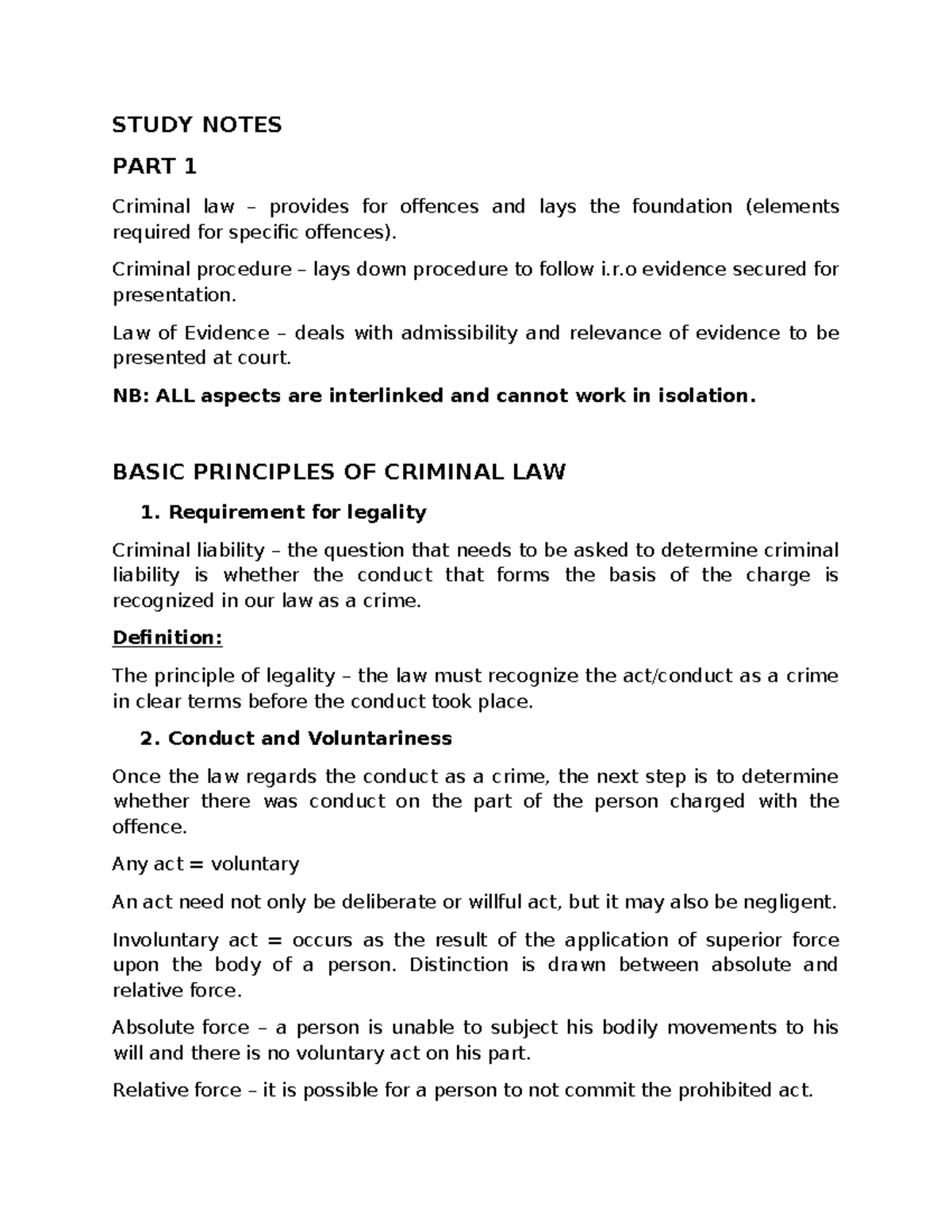 Criminal Law Study Notes - STUDY NOTES PART 1 Criminal law – provides ...