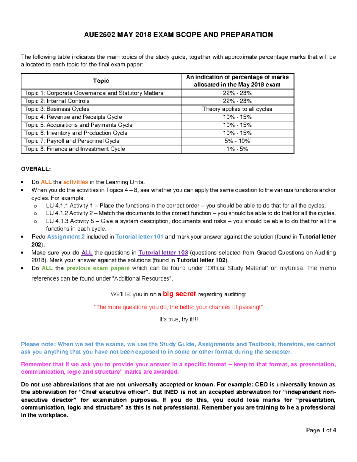 AUE2602 May 2019 Exam Scope And Preparation - AUE2602 MAY 2018 EXAM ...