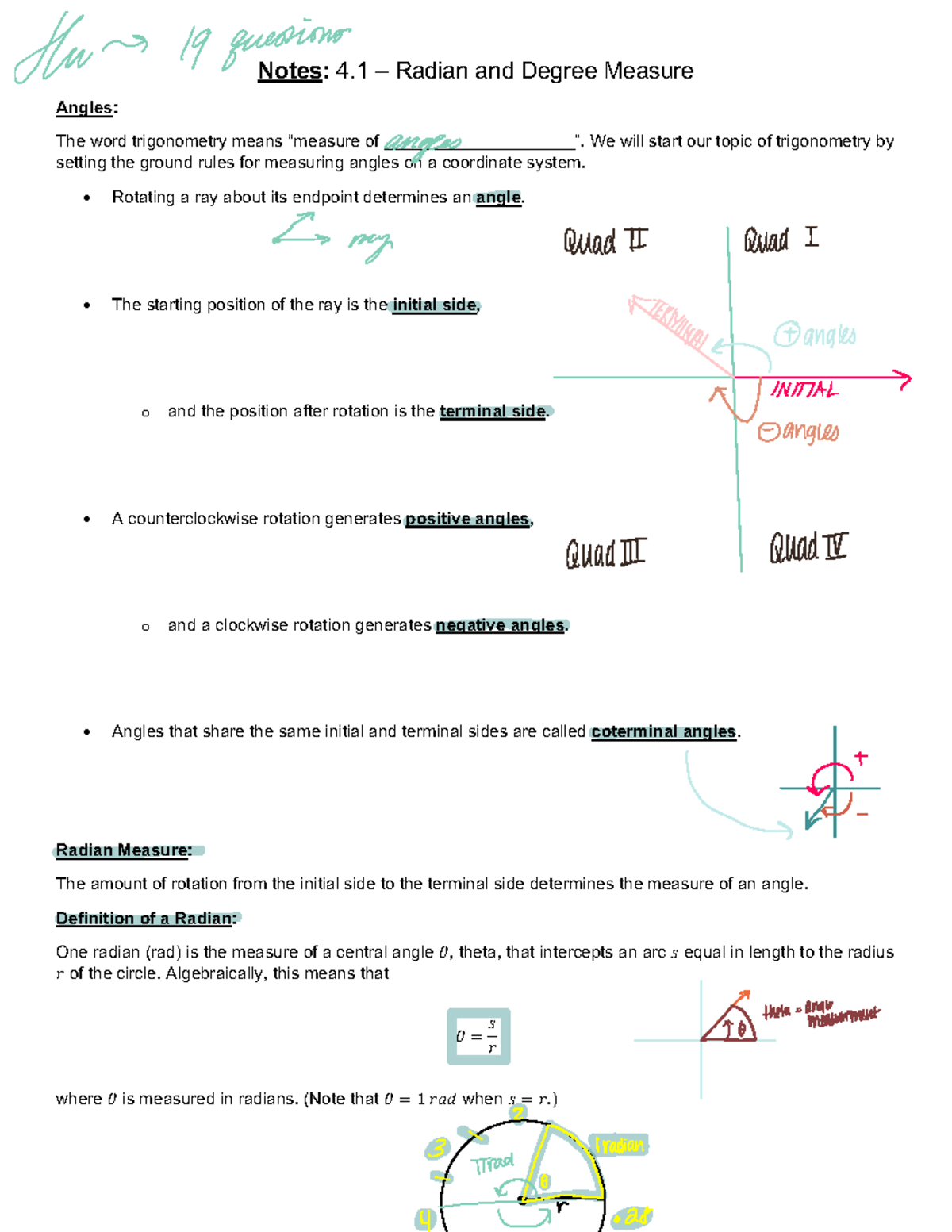 4 - Precalculus guided notes - Notes: 4 – Radian and Degree Measure ...