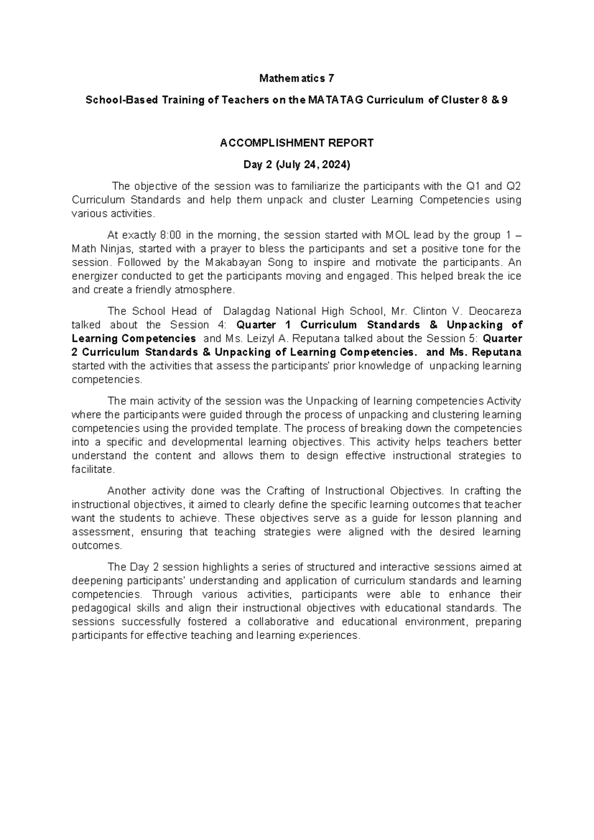 DAY 2 Accomplishment Report - Mathematics 7 School-Based Training of ...