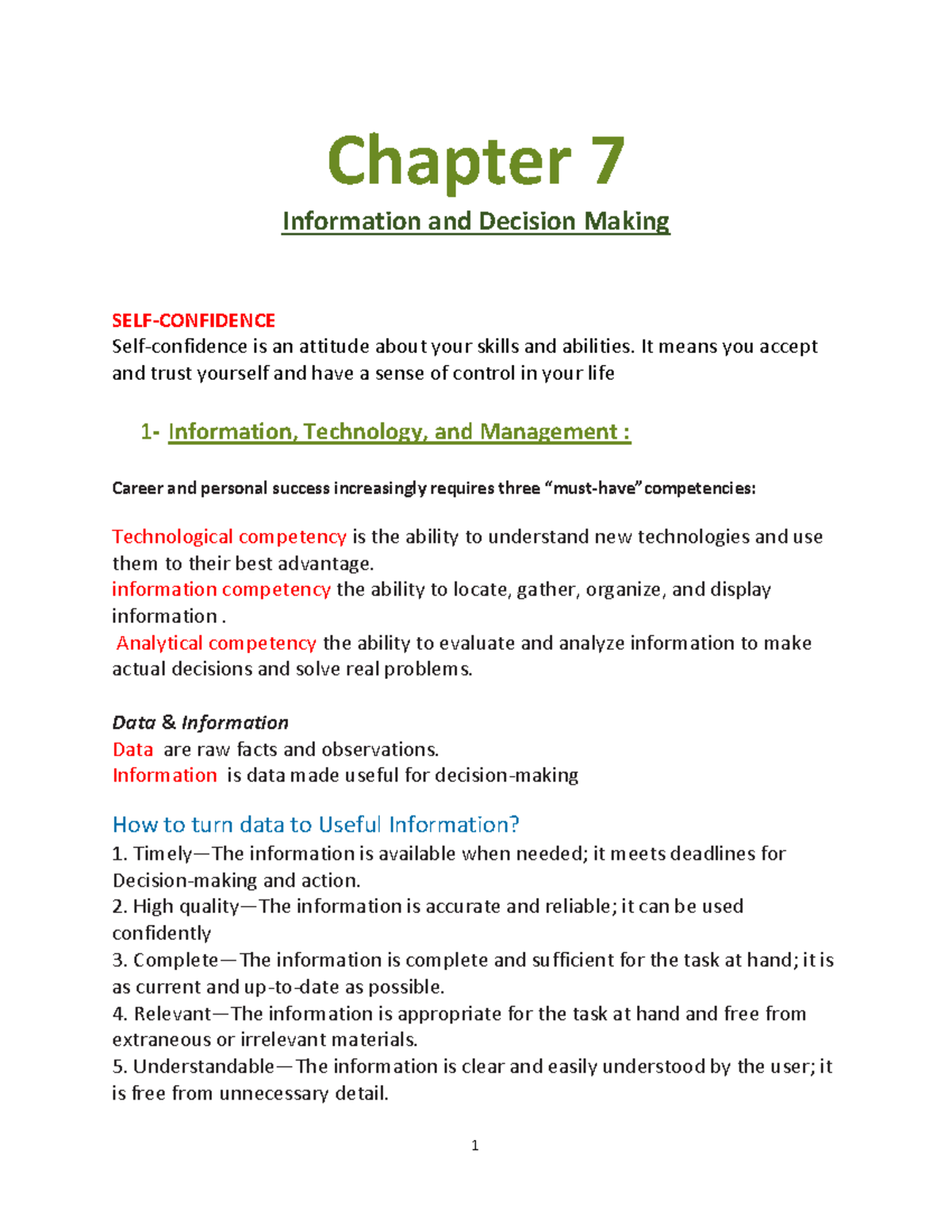 Decision Making - Chapter 7 Information and Decision Making SELF ...