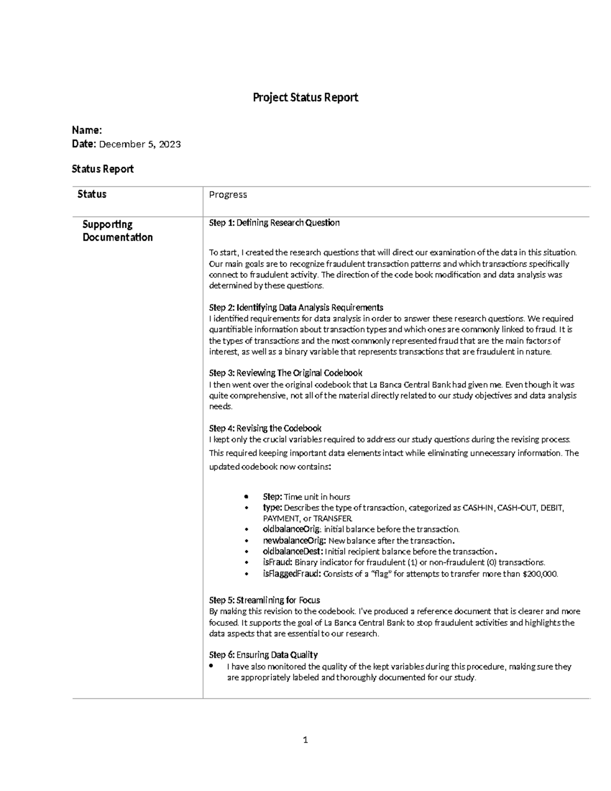 DAT 223 Project Three Status Report Template Karlie Prior - Project Status Report Name: Date ...