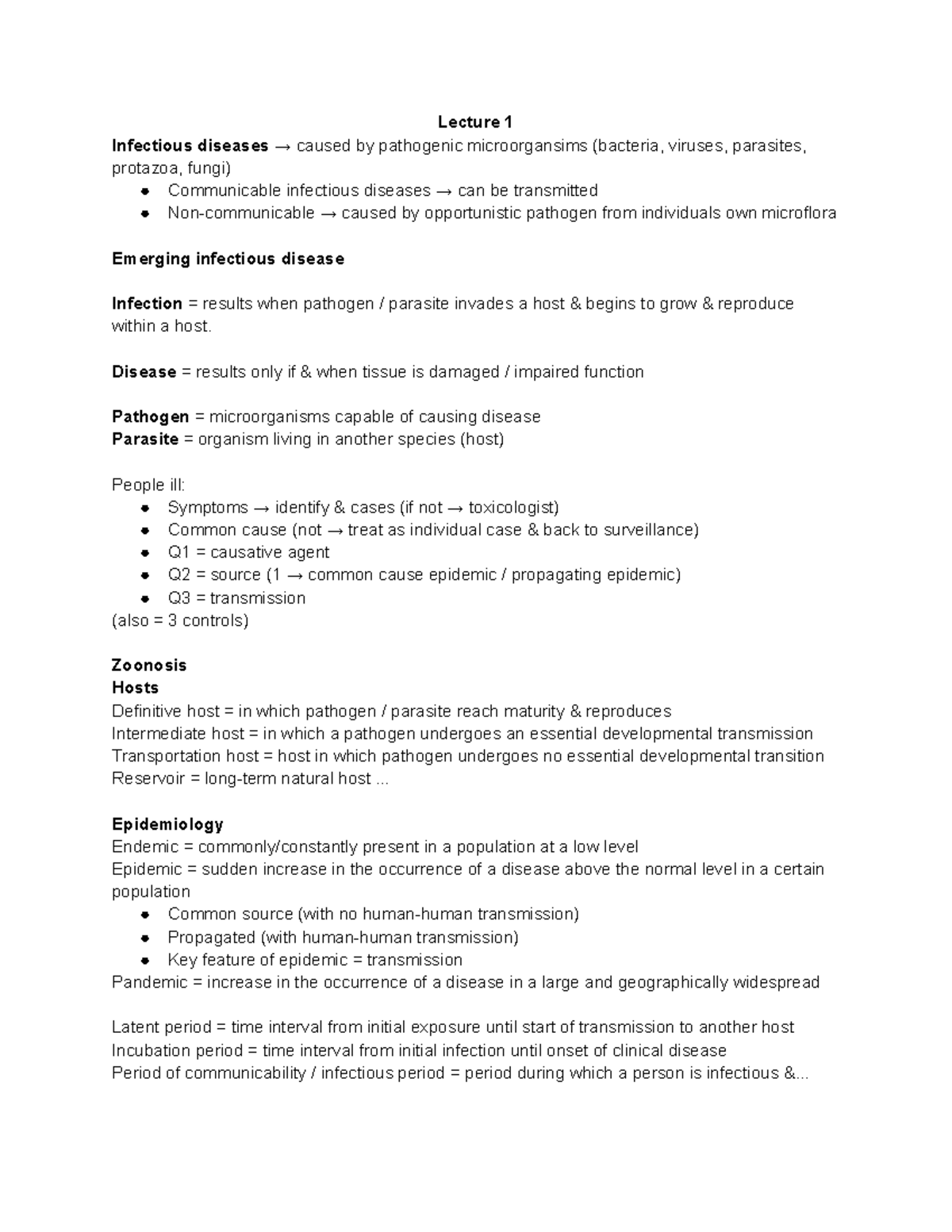 Basics of infectious diseases - Lecture 1 Infectious diseases → caused ...