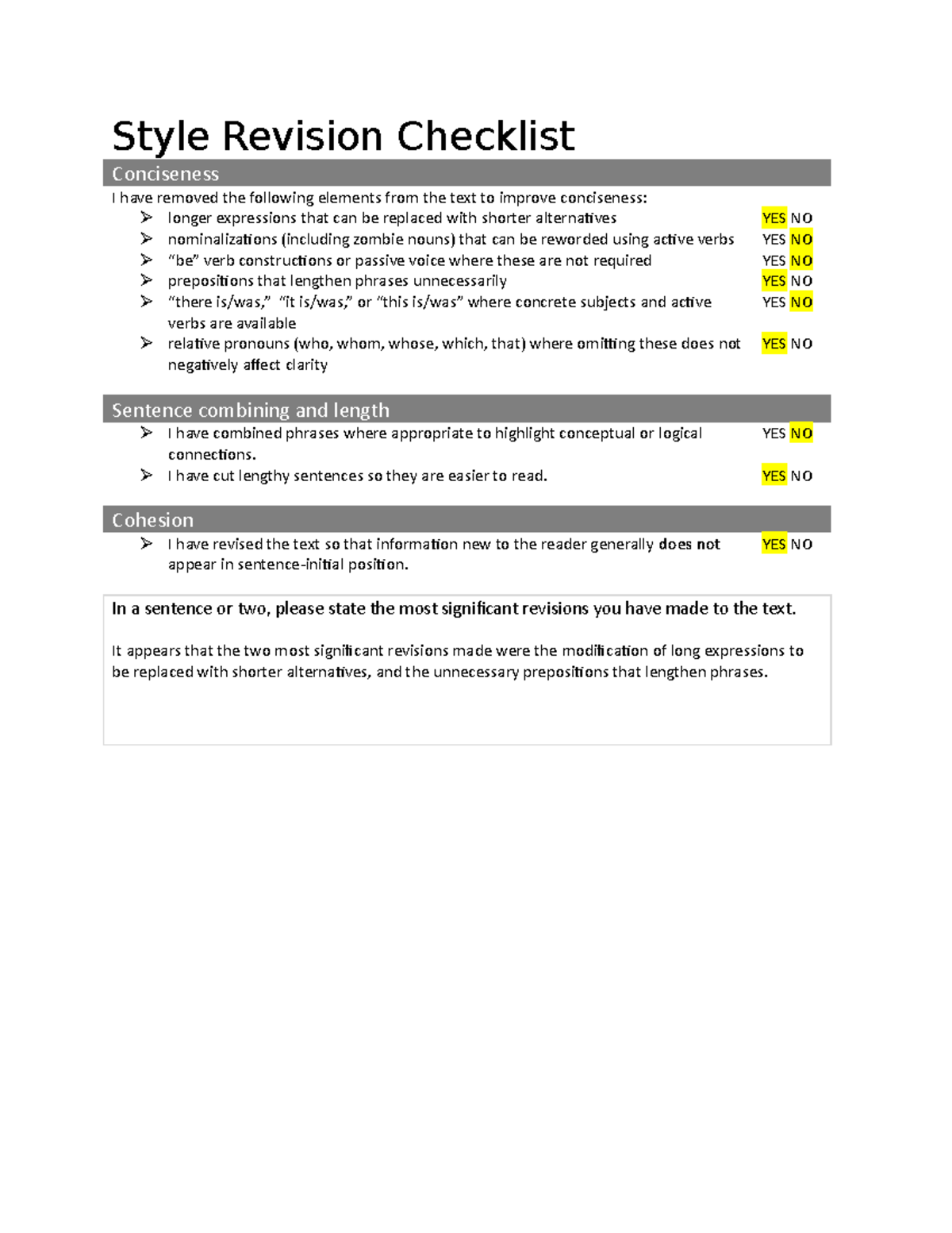 Style Revision Checklist - Style Revision Checklist Conciseness I have ...