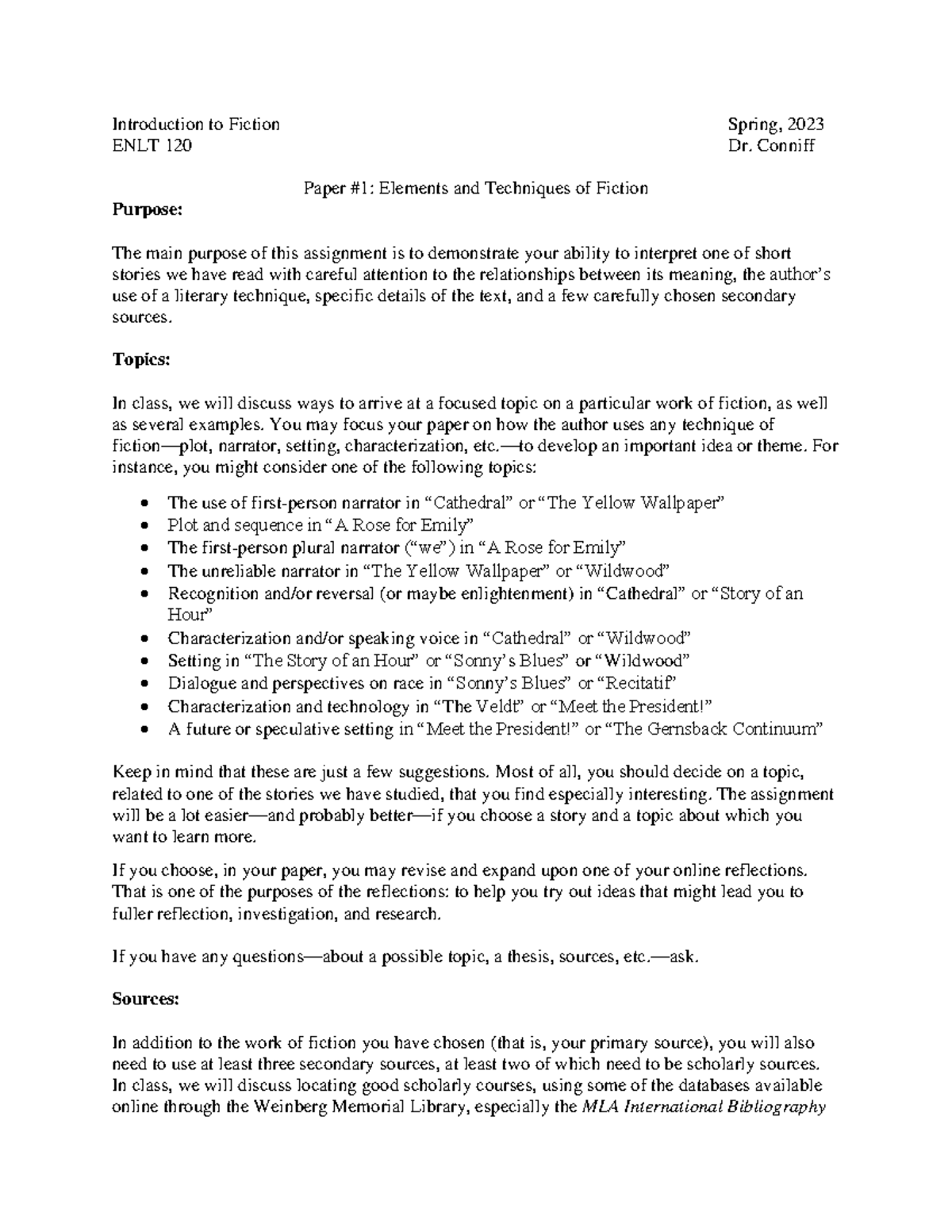 ENTL 120 Paper 1 Spring 2023 - Introduction to Fiction Spring, 2023 ...