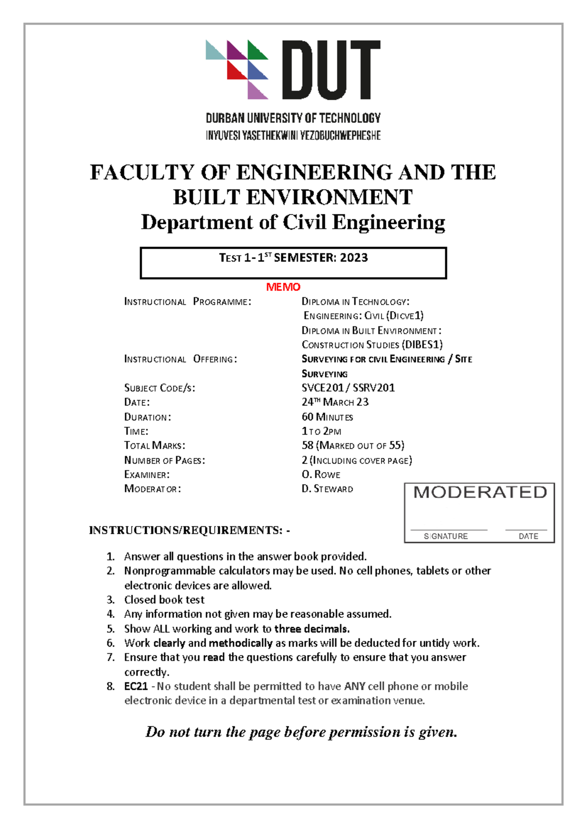 SVCE201 Test 1 s1 2023 Memo - FACULTY OF ENGINEERING AND THE BUILT ...