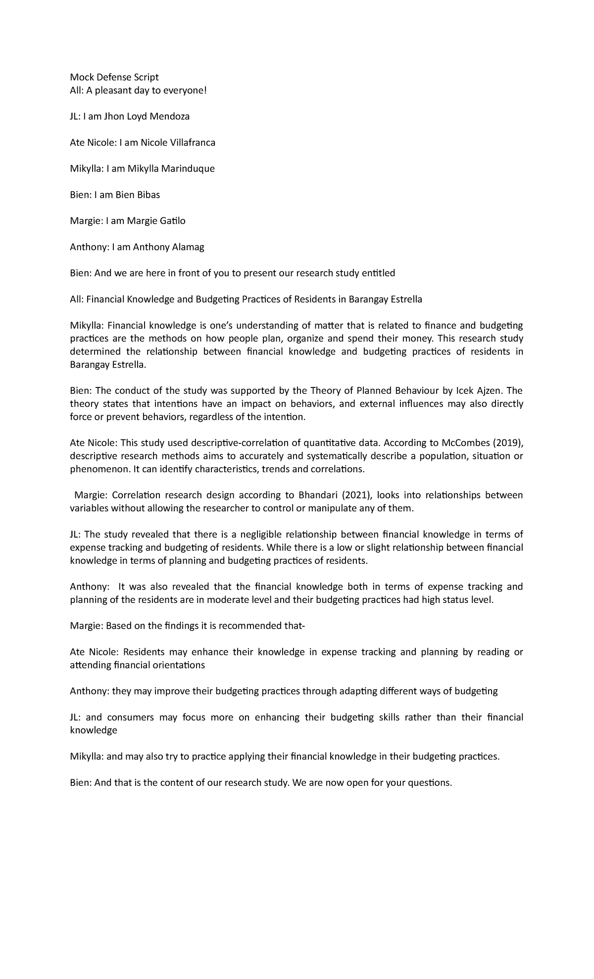 Script - Mock Defense ScriptAll: A pleasant day to everyone! JL: I am ...