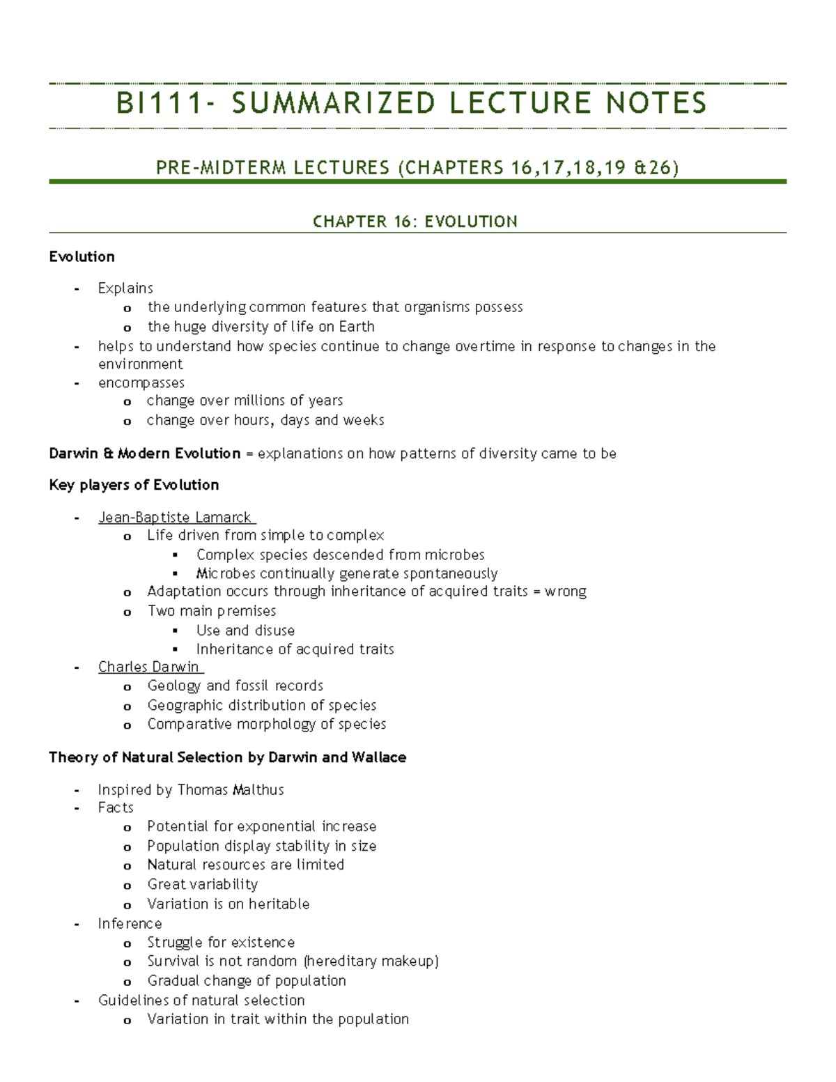 BI111 Summarized Lecture Notes - BI111- SUMMARIZED LECTURE NOTES PRE ...
