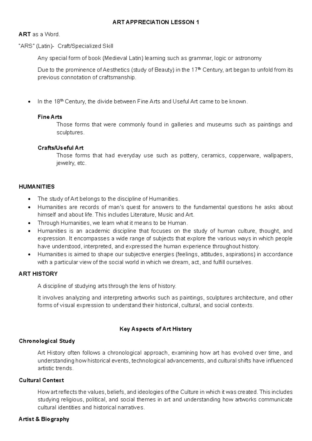 Art App Reviewer lesson 1 - ART APPRECIATION LESSON 1 ART as a Word. “ARS” (Latin)- - Studocu