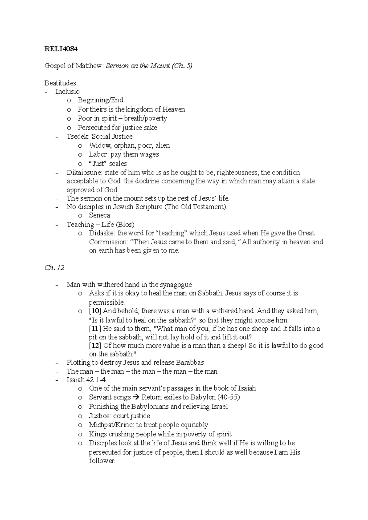 RELI4084 Notes 1 - RELI Gospel of Matthew: Sermon on the Mount (Ch. 5 ...