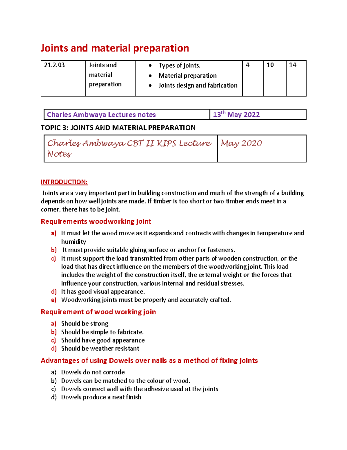 SUB- Module- Joints AND Material Preparation - Joints and material ...