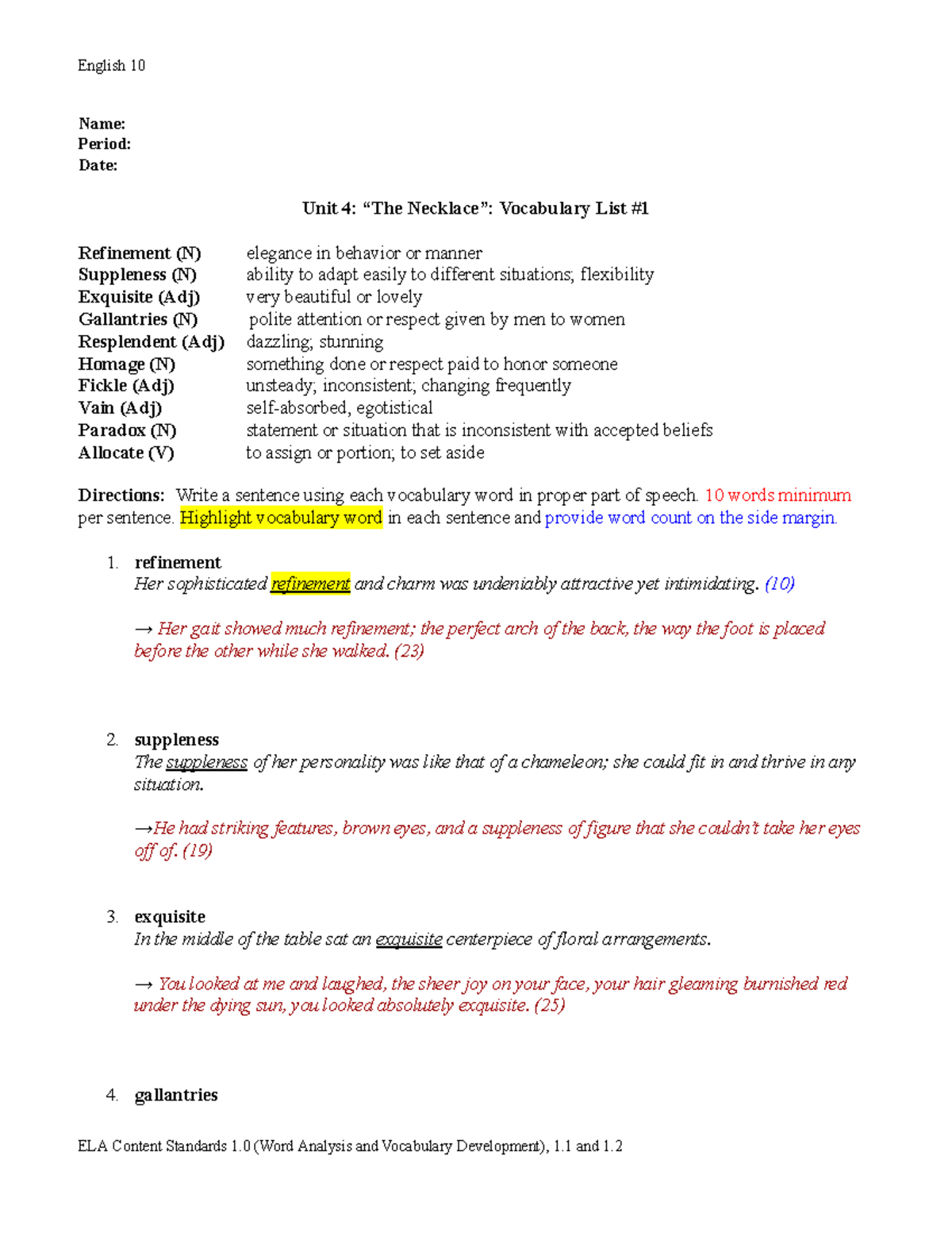 The Necklace - Vocabulary List #1 - Studocu