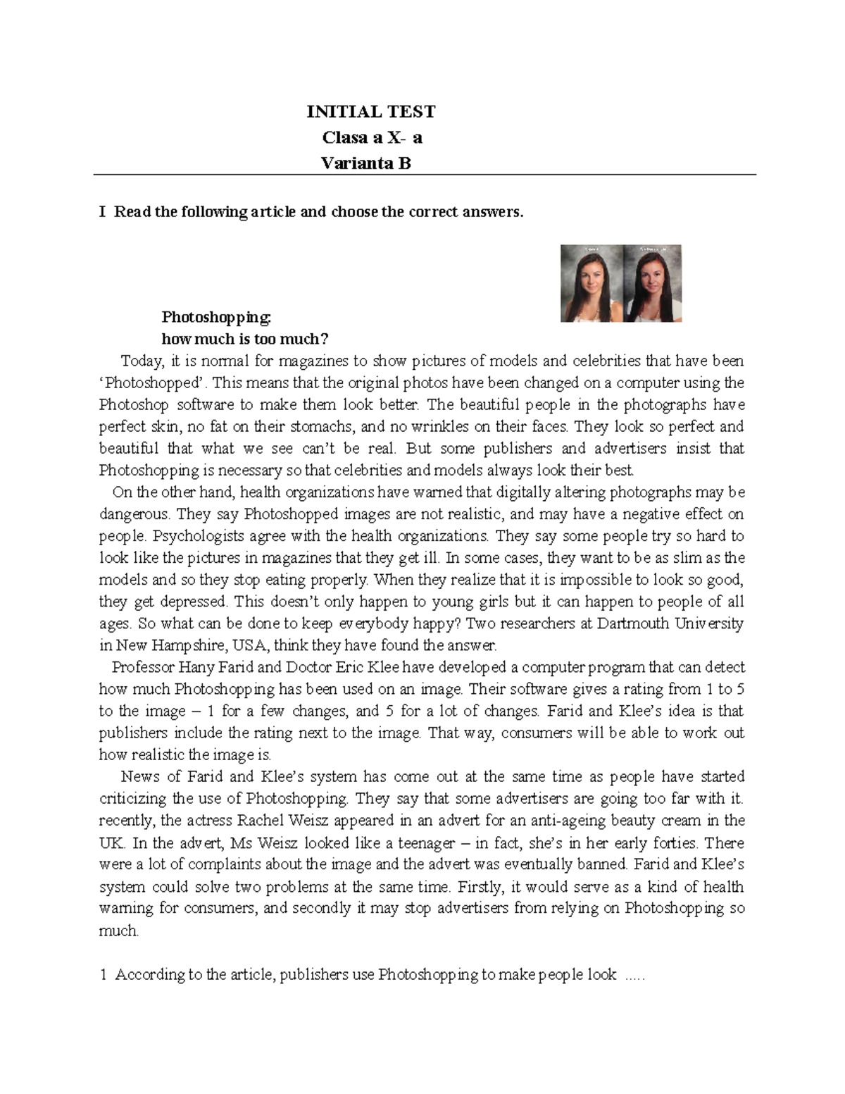 0 test x - INITIAL TEST Clasa a X- a Varianta B I Read the following ...