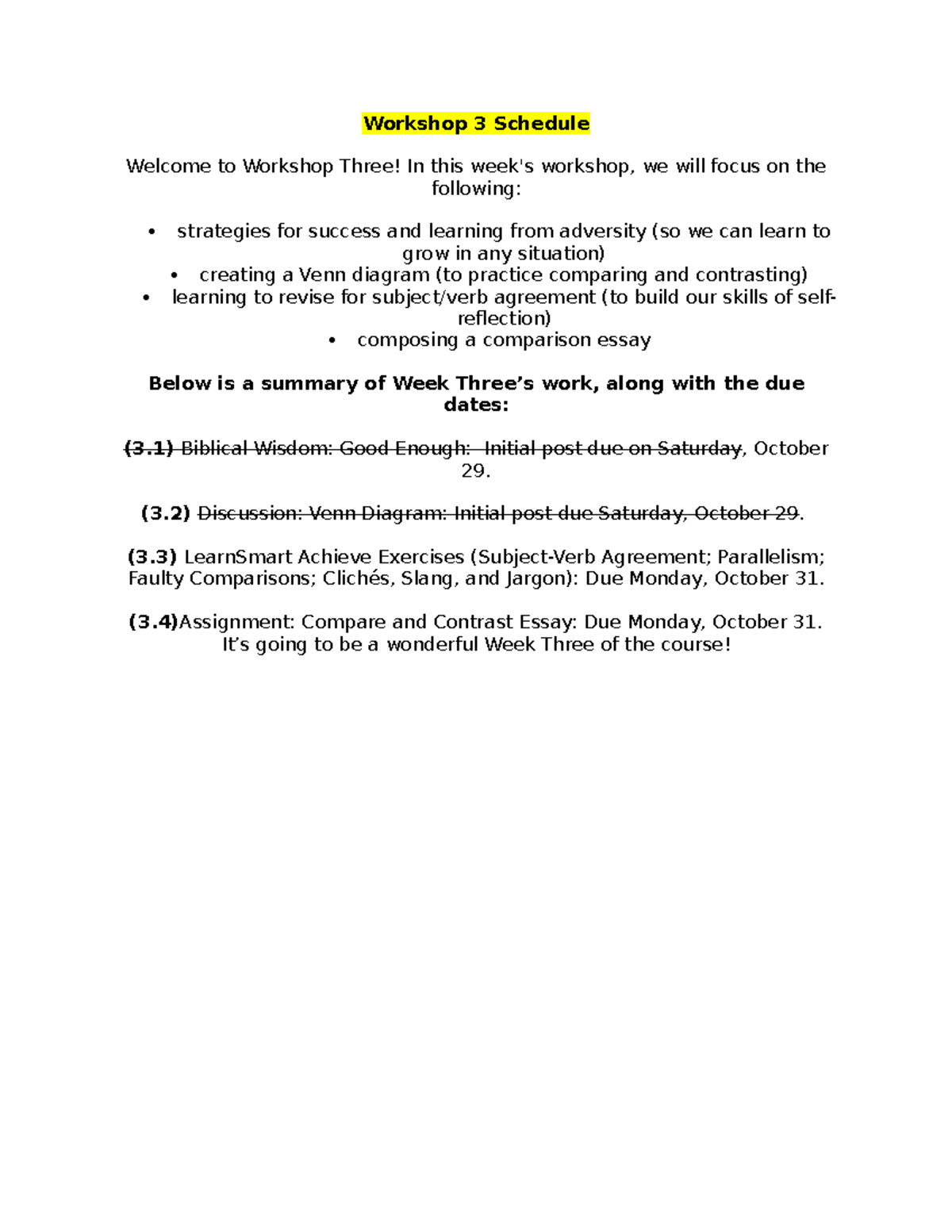 Workshop 3 Schedule - N/A - Workshop 3 Schedule Welcome to Workshop ...