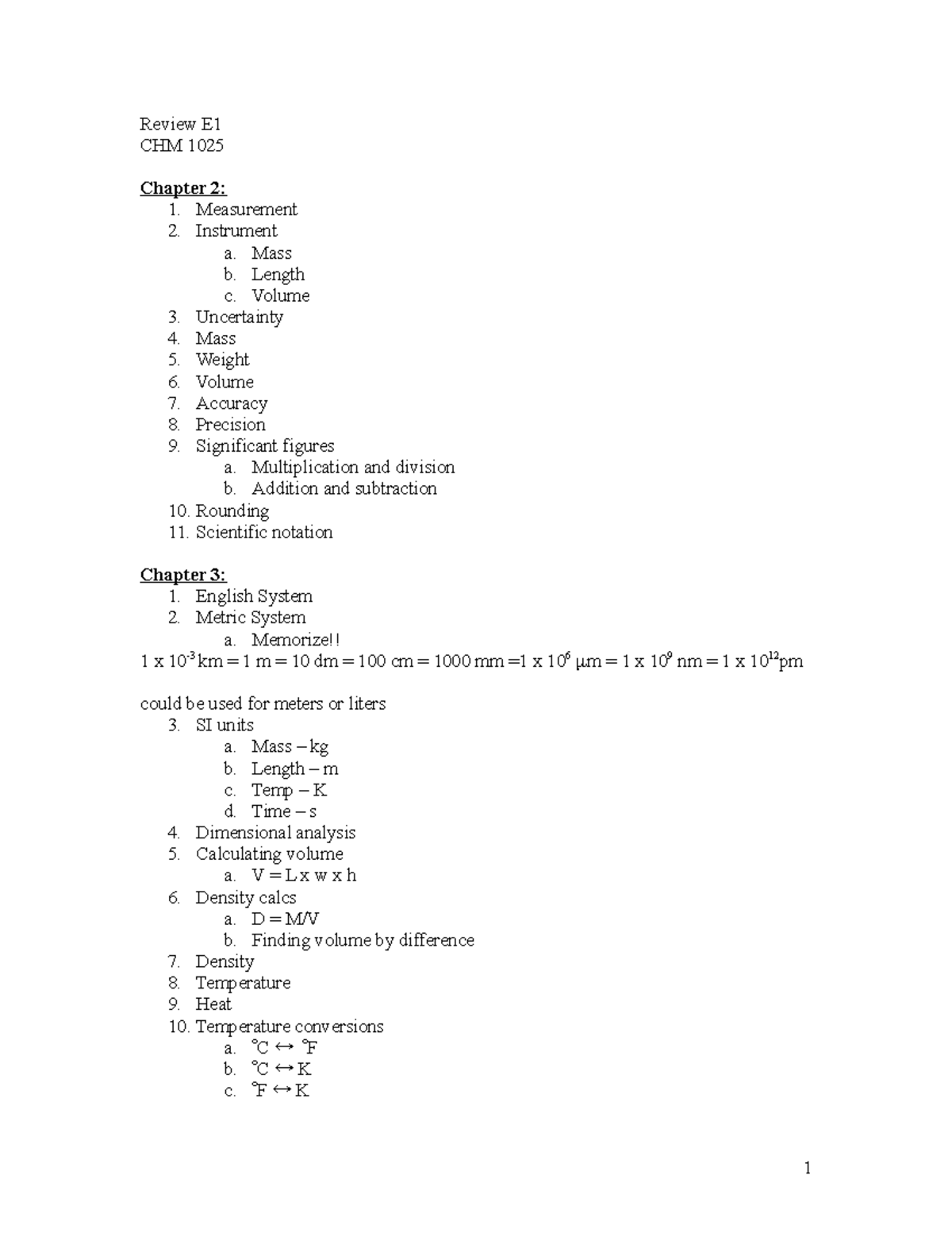 Review E1 - Review E CHM 1025 Chapter 2: 1. Measurement 2. Instrument a ...