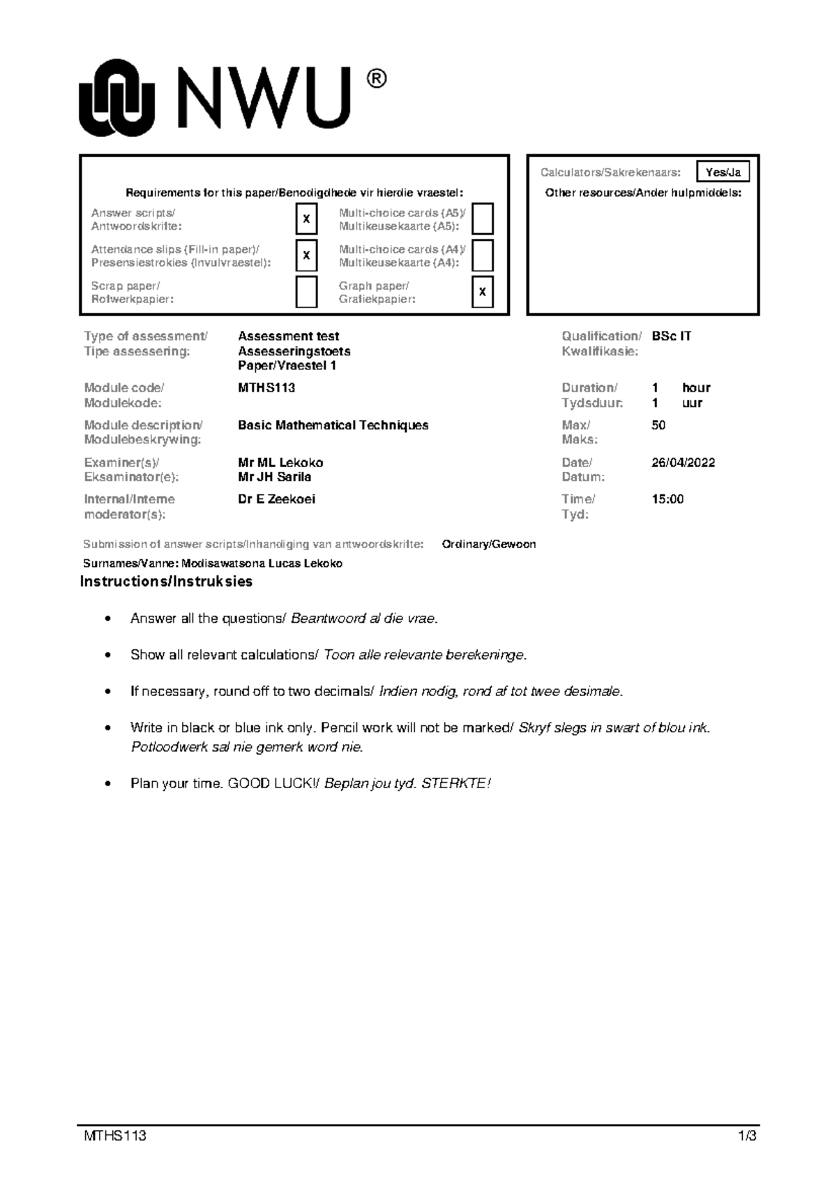 Semester Test - MTHS113 1 / 3 Calculators/Sakrekenaars: Yes/Ja ...