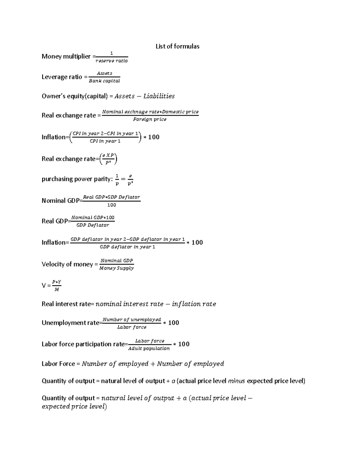 Final List of formulas - FORMULA SHEET - List of formulas Money ...