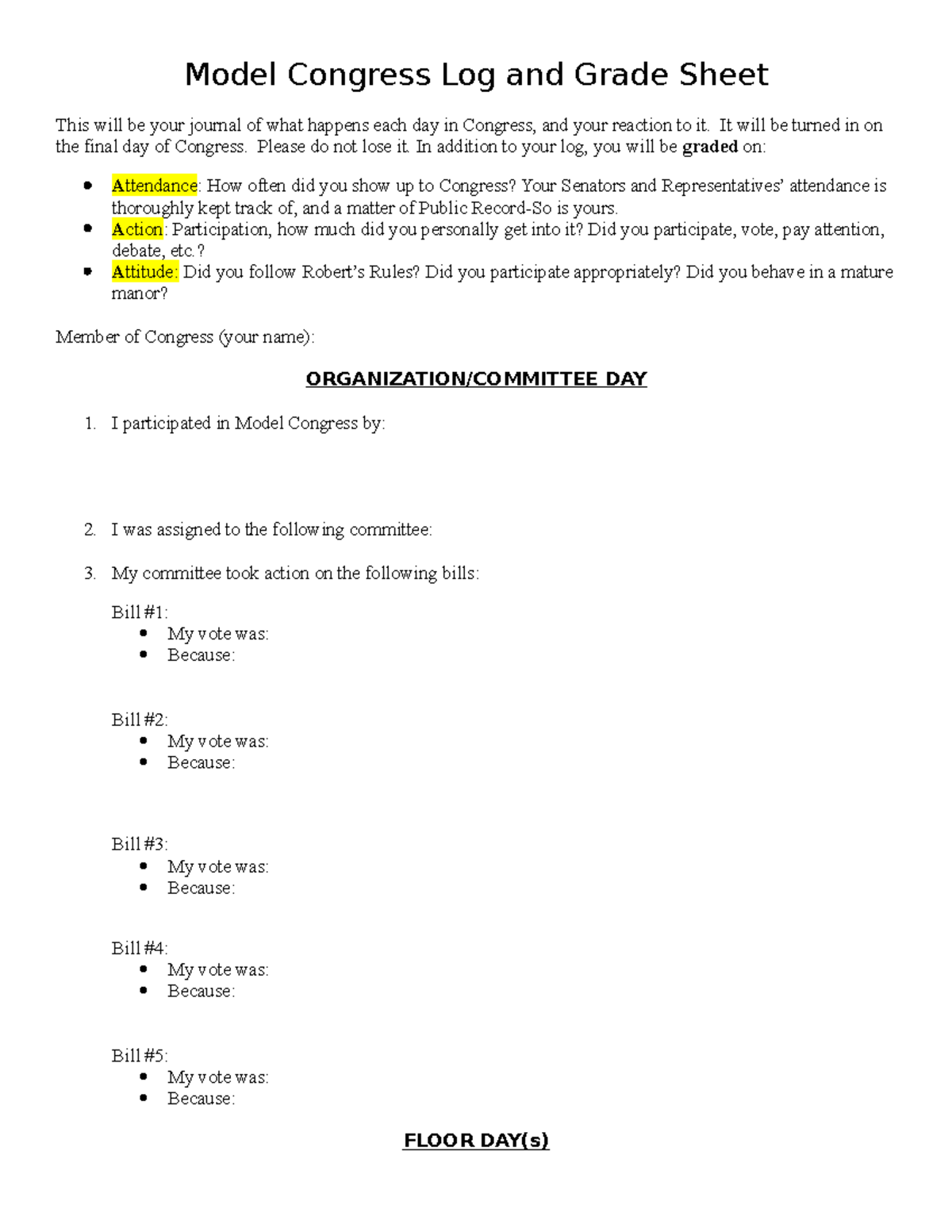 Mock Congress - Action Sheet - Model Congress Log and Grade Sheet This ...