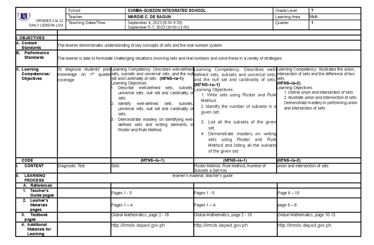 Q1-DLL math 7 - dll - GRADES 1 to 12 DAILY LESSON LOG School CUMBA ...