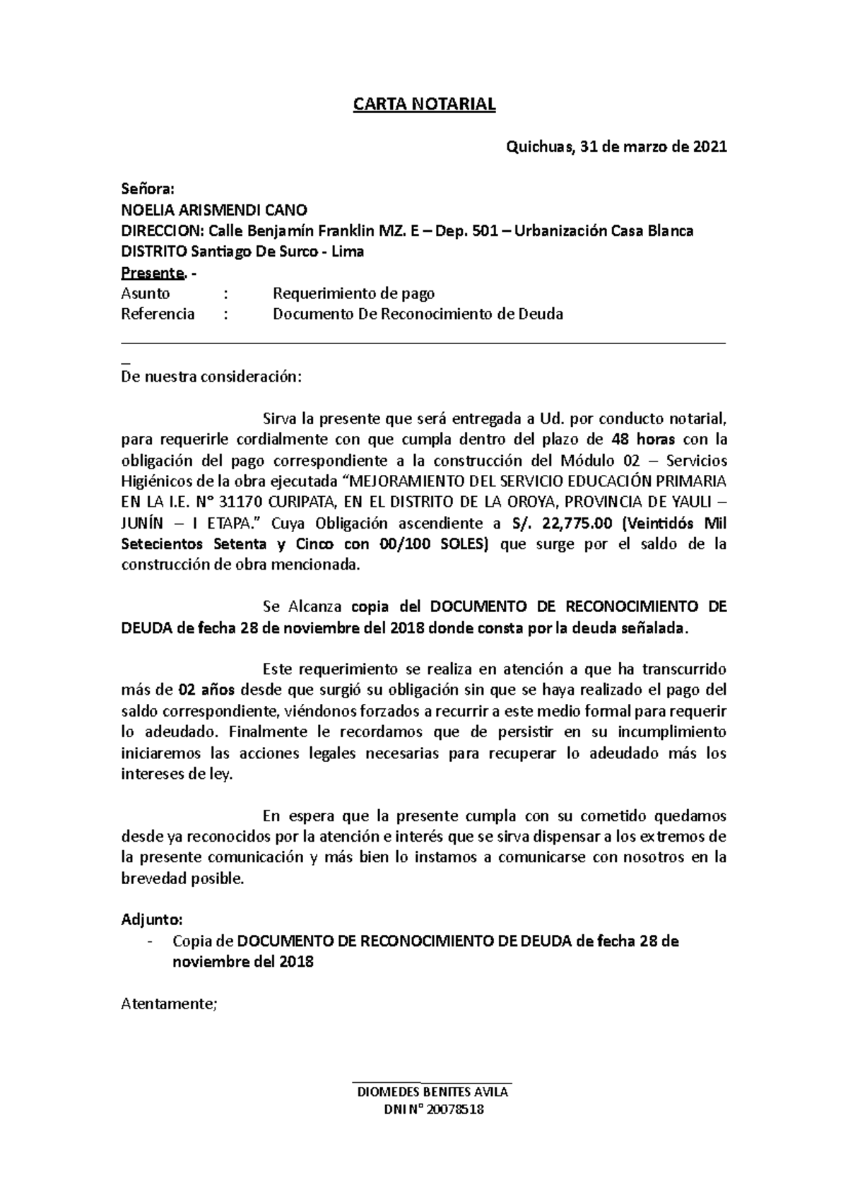 Carta Notarial - aporte - CARTA NOTARIAL Quichuas, 31 de marzo de 2021 ...