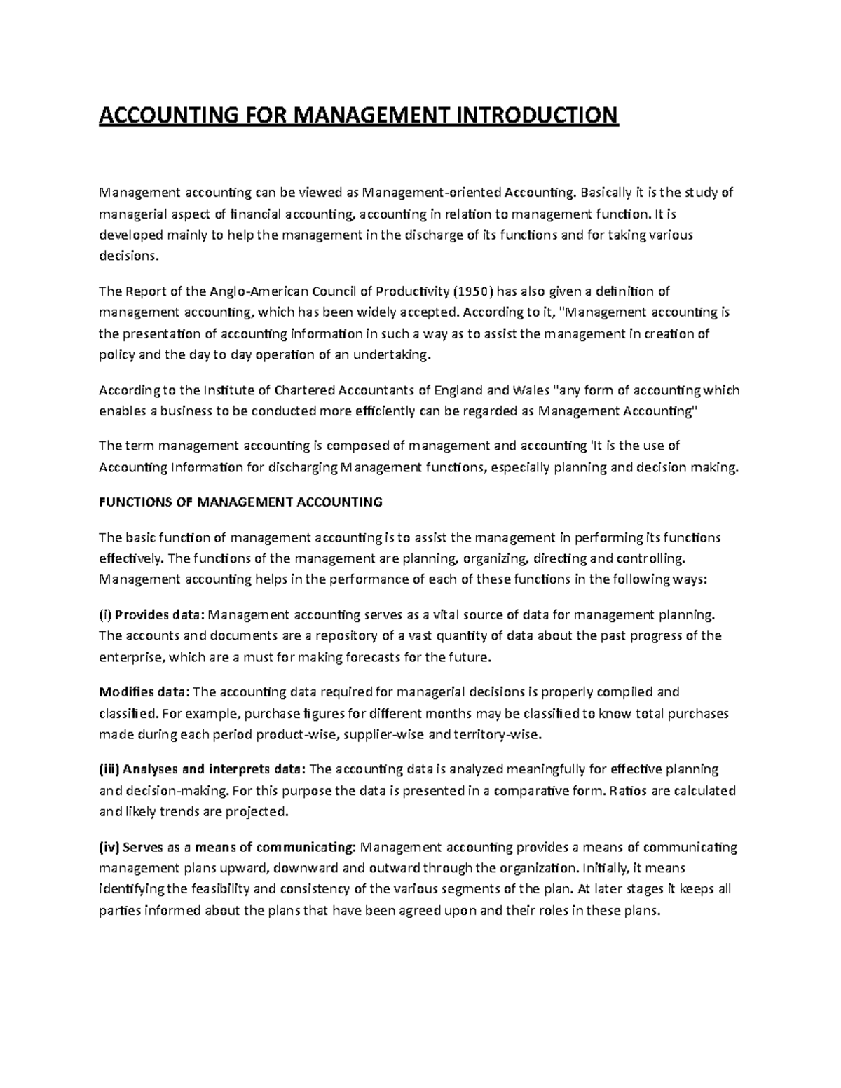 Accounting FOR Management Introduction 1 - ACCOUNTING FOR MANAGEMENT ...