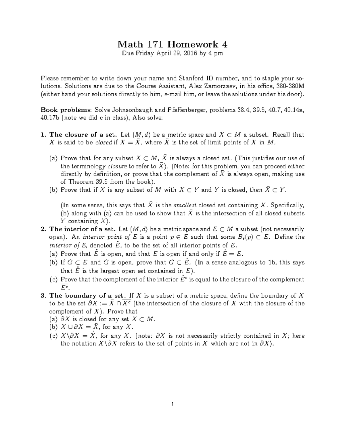 Seminar assignments - homework 4, questions - Math 171 Homework 4 Due Friday April 29, 2016 by 4 ...
