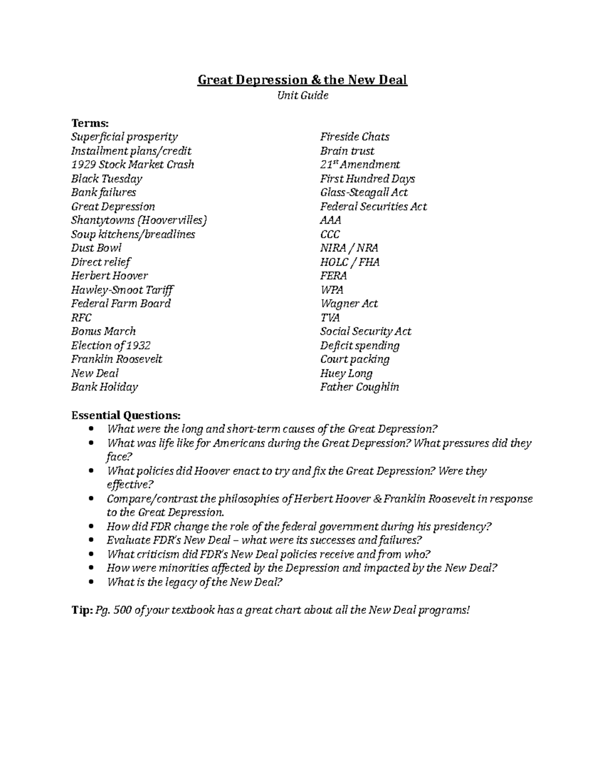Great Depression - Unit Guide - Great Depression & the New Deal Unit ...