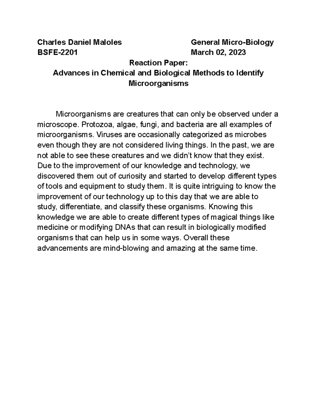Reaction- Paper-General Micro-Biology - Charles Daniel Maloles General ...