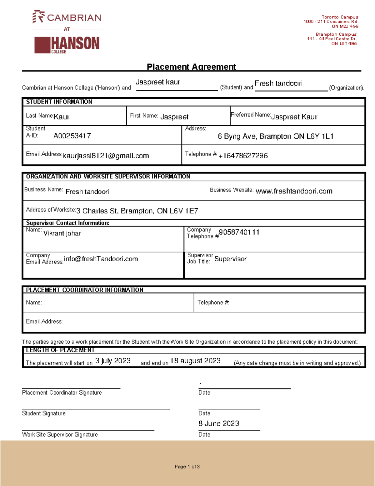 Jass final placement form 1 - Placement Agreement ####### (Student) and ...