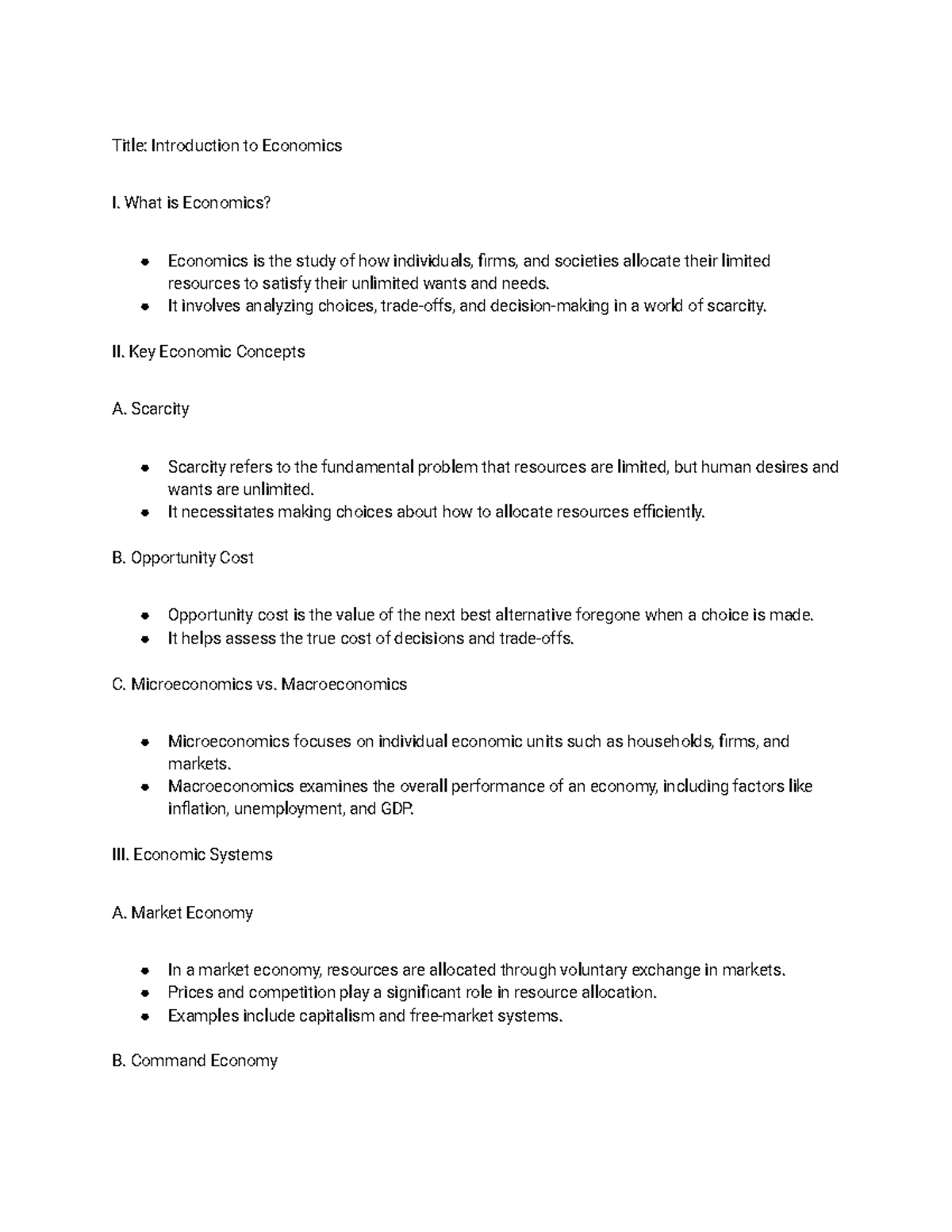 Economics 101 - Title: Introduction to Economics I. What is Economics ...