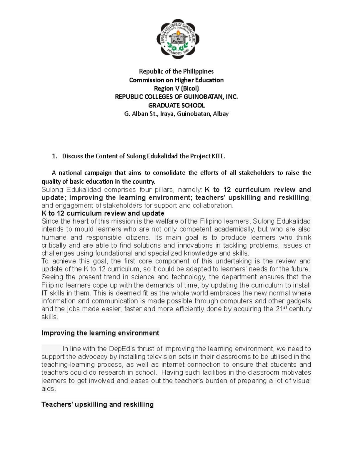 Educ215 - Basic education - Republic of the Philippines Commission on ...