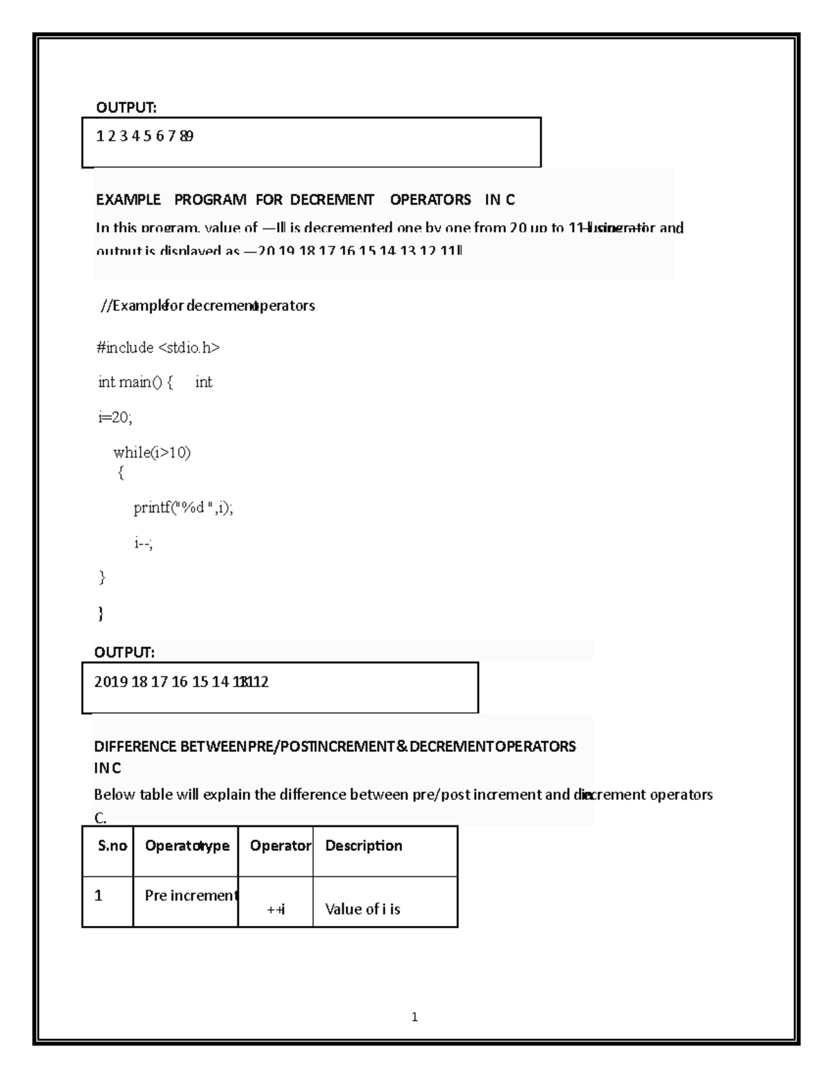 Decrement - #include int main() { int i=20; while(i>10) { printf("%d ",i); i-; } - Studocu