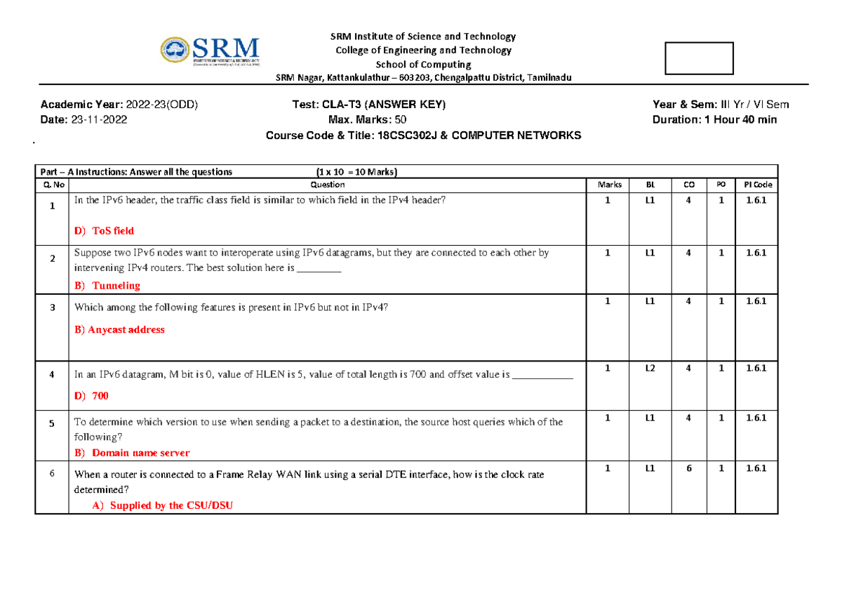 Ct3 Set B Key Very Important College Of Engineering And Technology School Of Computing