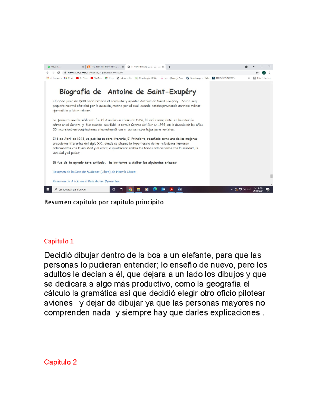 Pdfcoffee - Descripción según el título - Resumen capitulo por capitulo principito Capitulo 1 ...