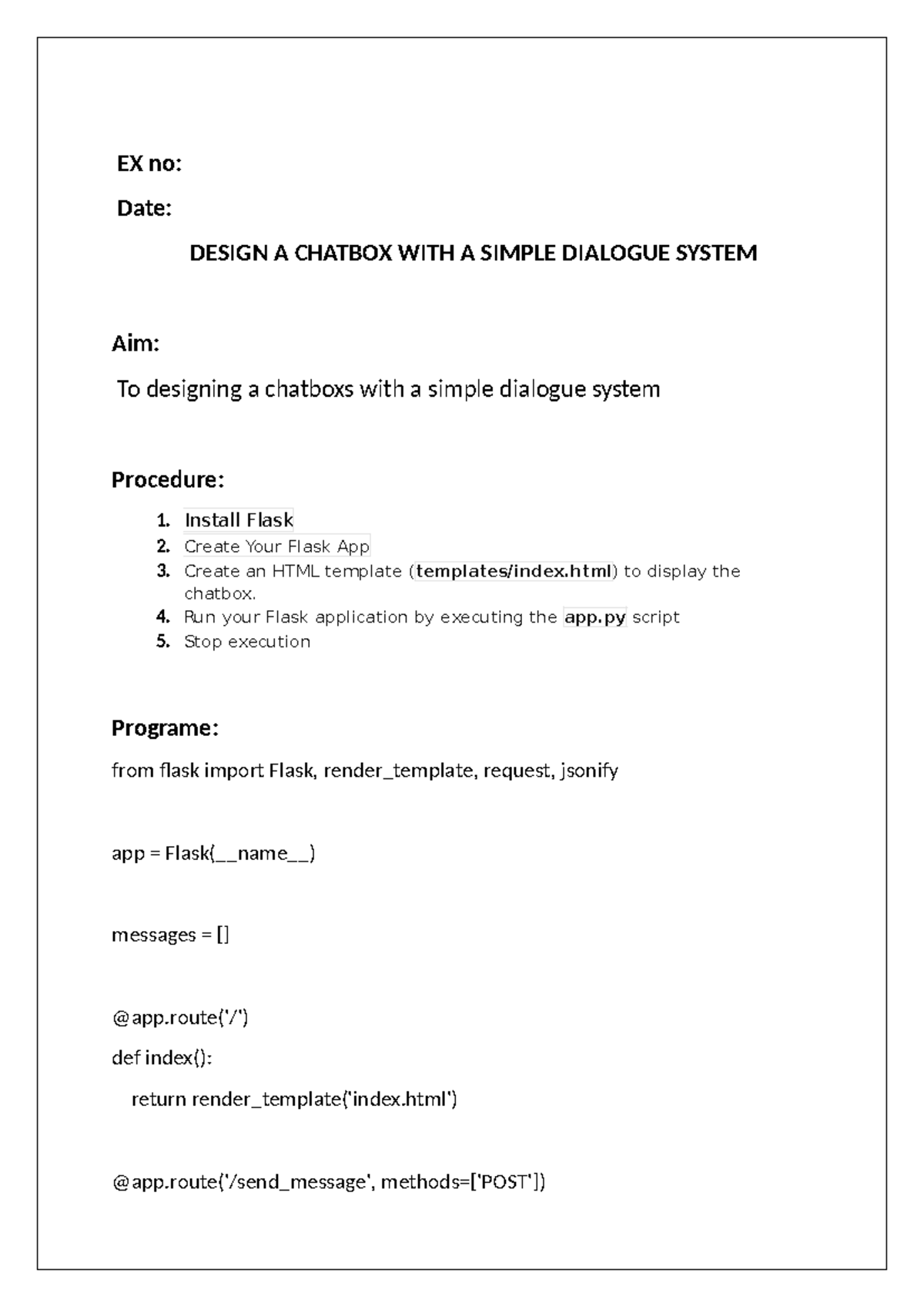 EX no7 - Lab - EX no: Date: DESIGN A CHATBOX WITH A SIMPLE DIALOGUE ...